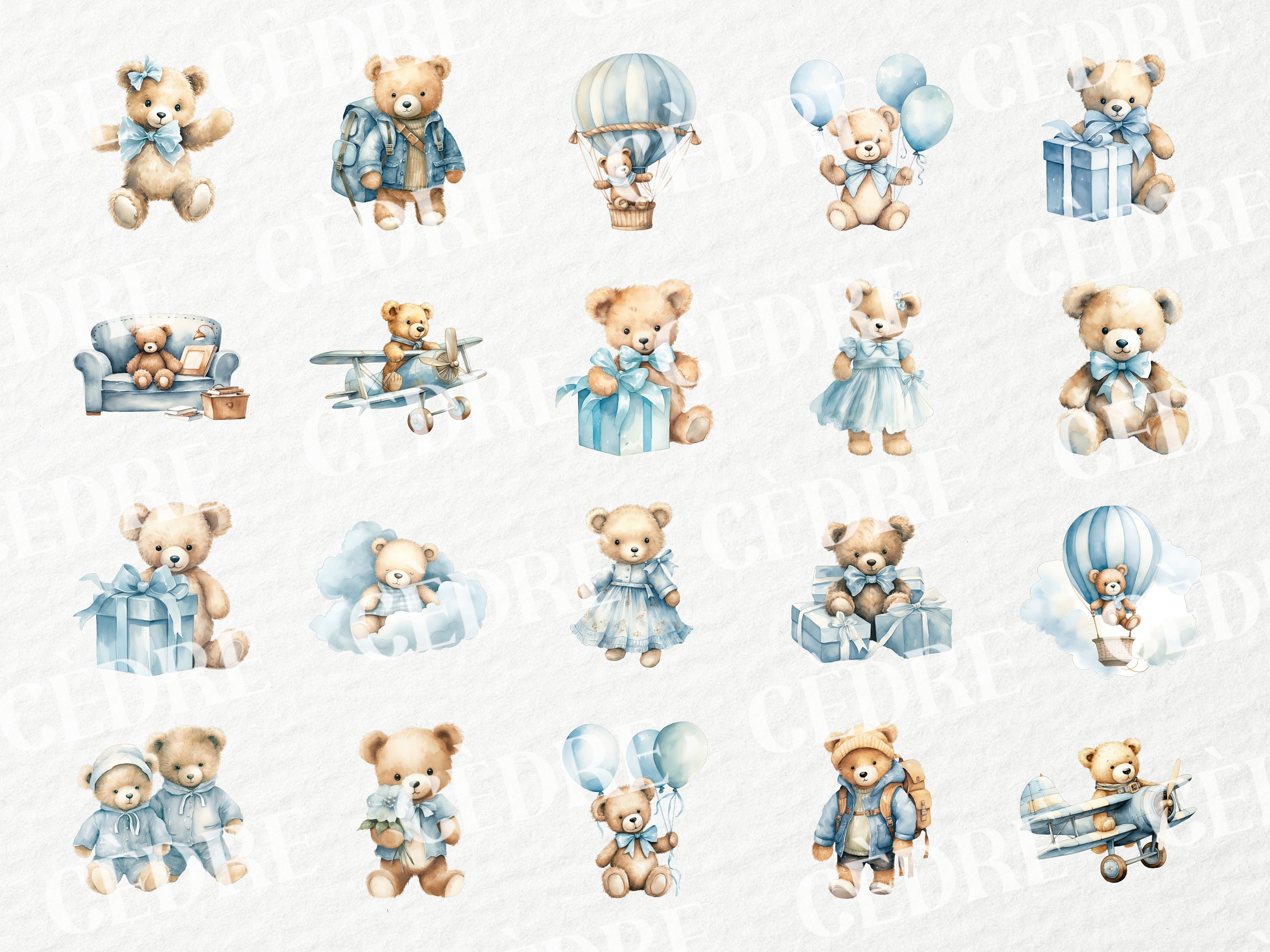 Watercolor Blue Teddy Bears Clipart, Blue Nursery Teddy Bear Clipart ...
