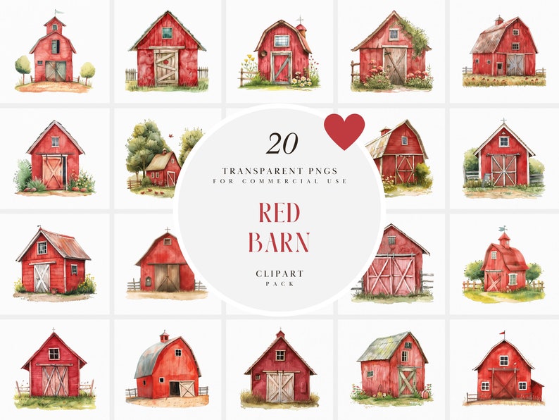 Watercolor Cute Red Barn Clipart, Cartoon Red Barn With Doors, Farm ...