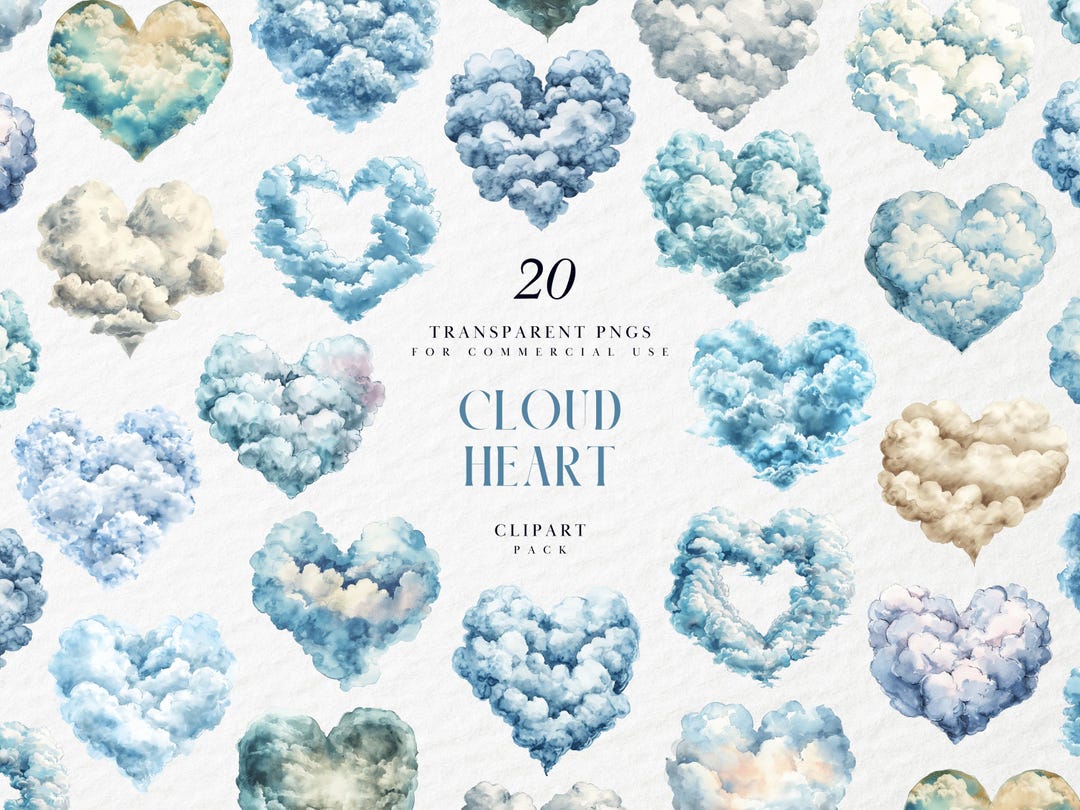 Watercolor Cloud Heart Clipart, Fluffy Cloud, Valentines, Love ...