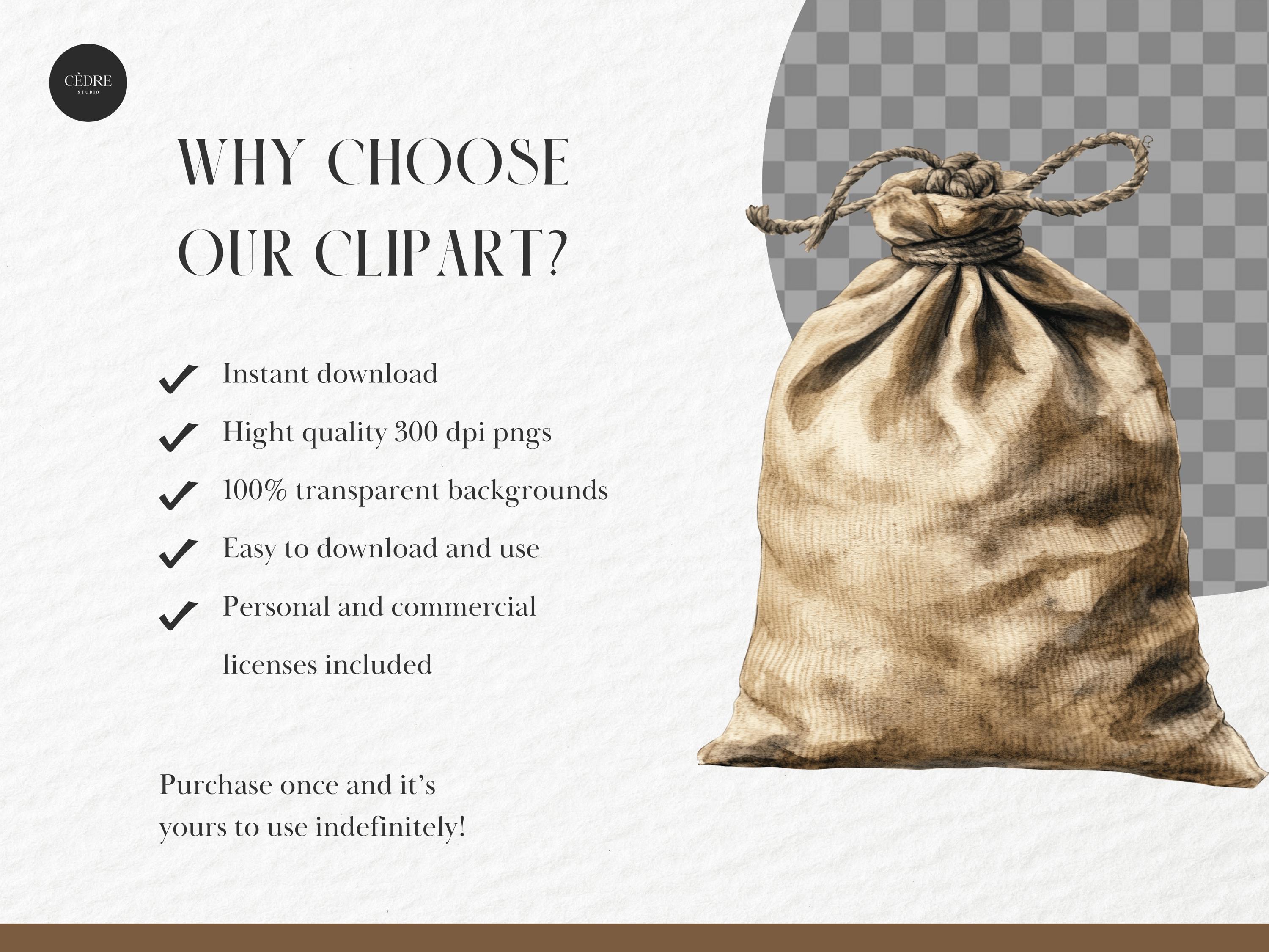 Watercolor Burlap Sack Clipart, Coin Pouch, Potato Sack, Vintage ...