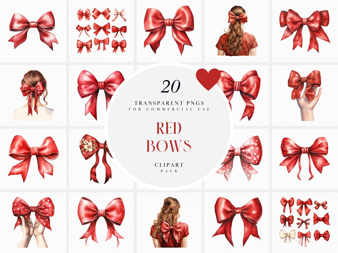 Watercolor Red Bow Clipart, Red Hair Bows Clipart, Red Ribbon Clipart ...