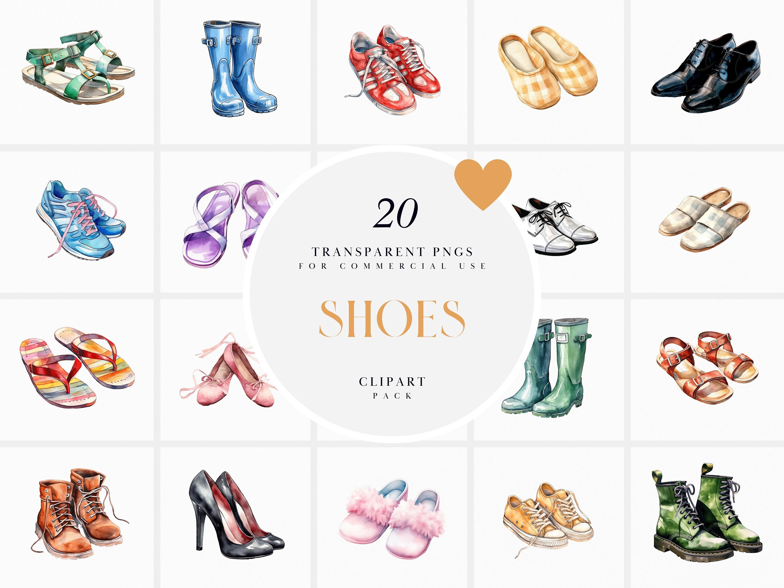 Watercolor Modern Shoes Clipart, Shoe Collection Clipart, Boots, Heels ...
