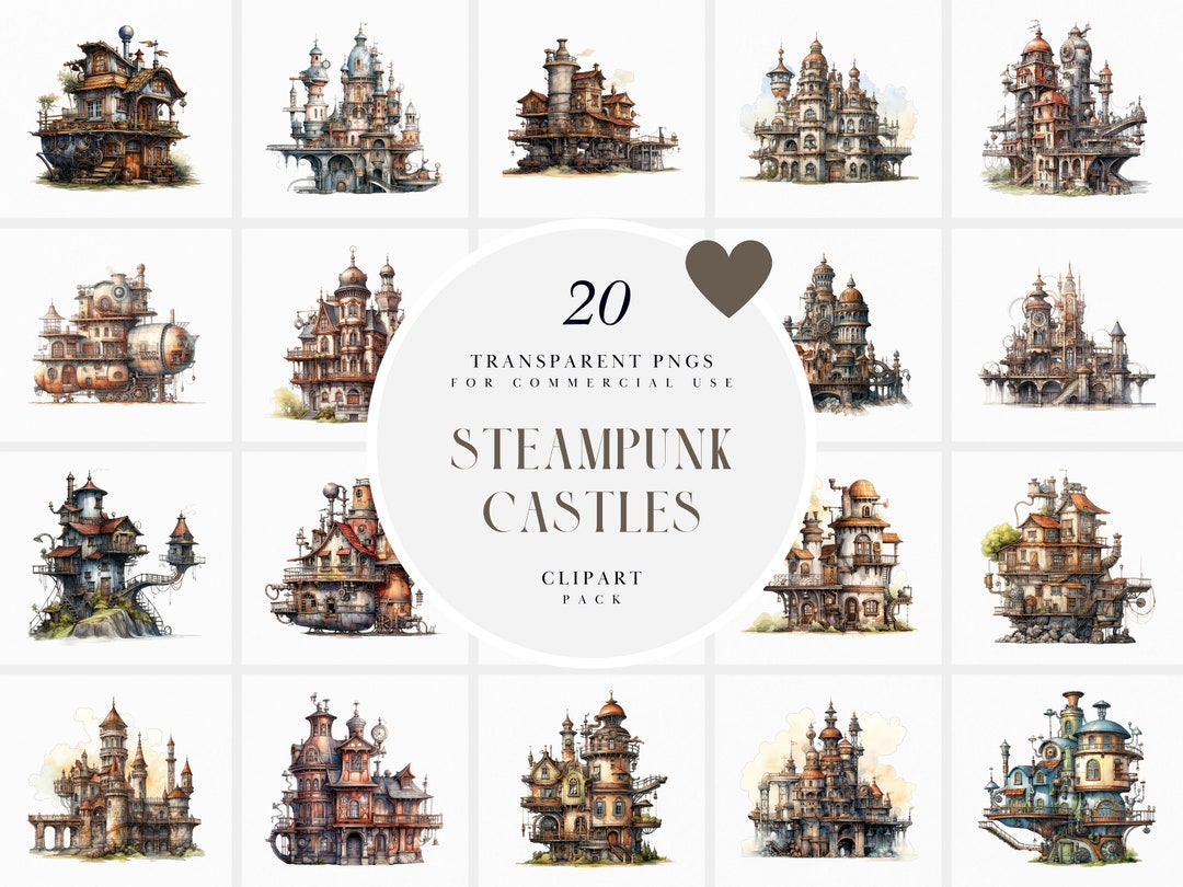 Watercolor Steampunk Castle Clipart, Futuristic Steampunk Castles Clipart, Steampunk Fort ...