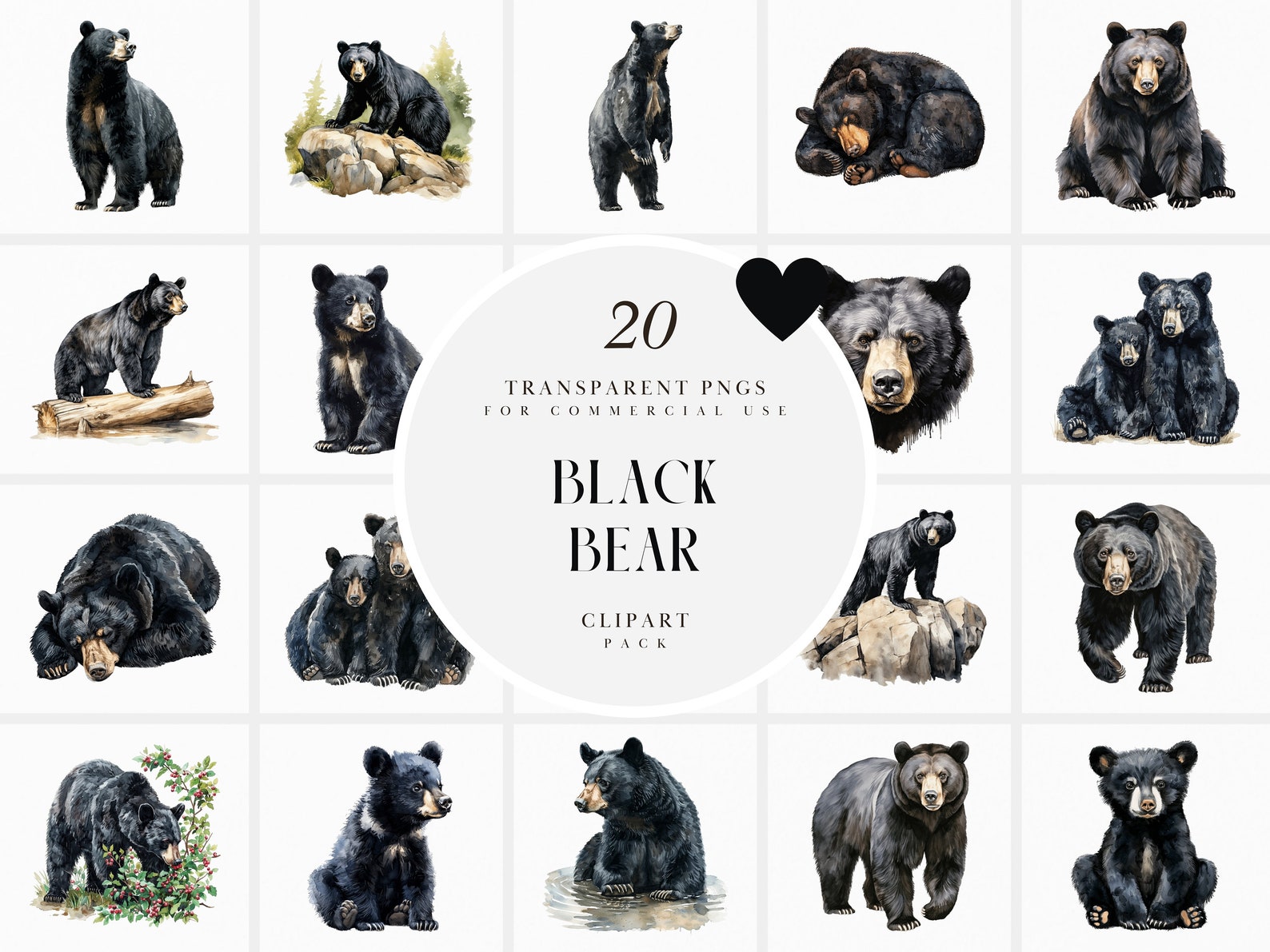 Watercolor Black Bear Clipart, Forest Black Bears Clipart, Realistic ...
