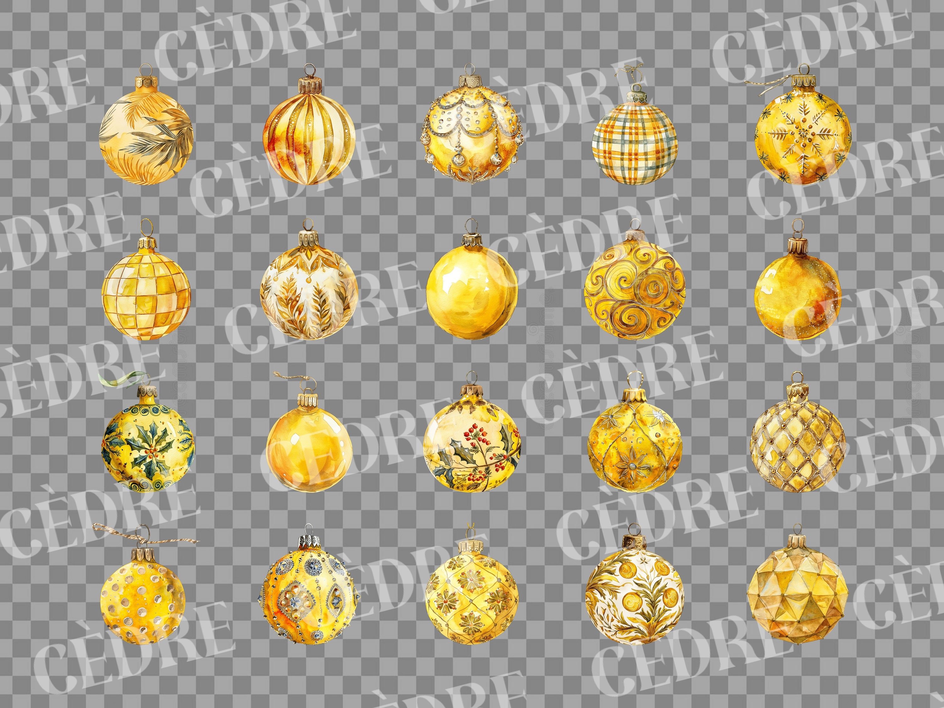 Watercolor Yellow Baubles, Christmas Globes, Christmas Tree Ornaments ...