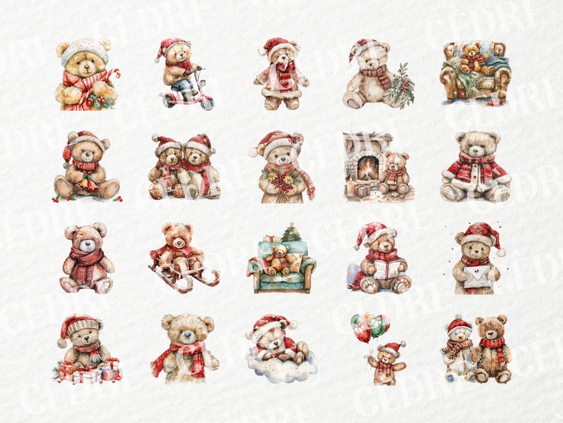 Watercolor Vintage Christmas Teddy Bears Clipart, Red Christmas Teddy ...