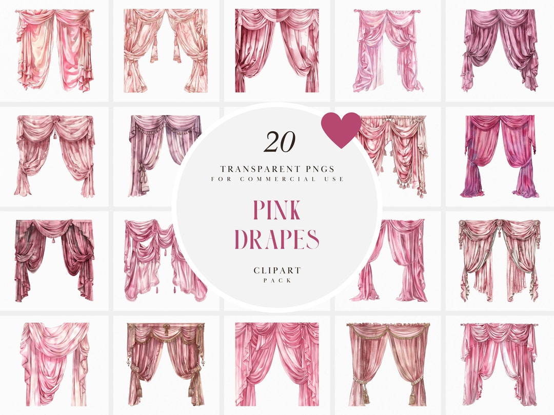 Watercolor Pink Drapes Clipart, Window Drape Clipart, Card Making ...