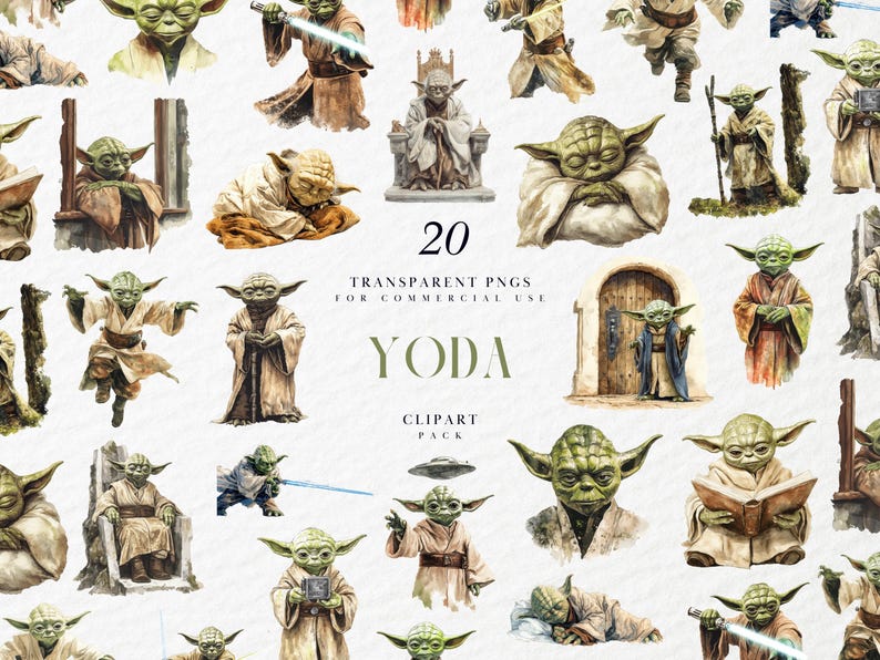Watercolor Yoda Clipart, Star Wars Inspired Cosmic Mentor, Robes and ...