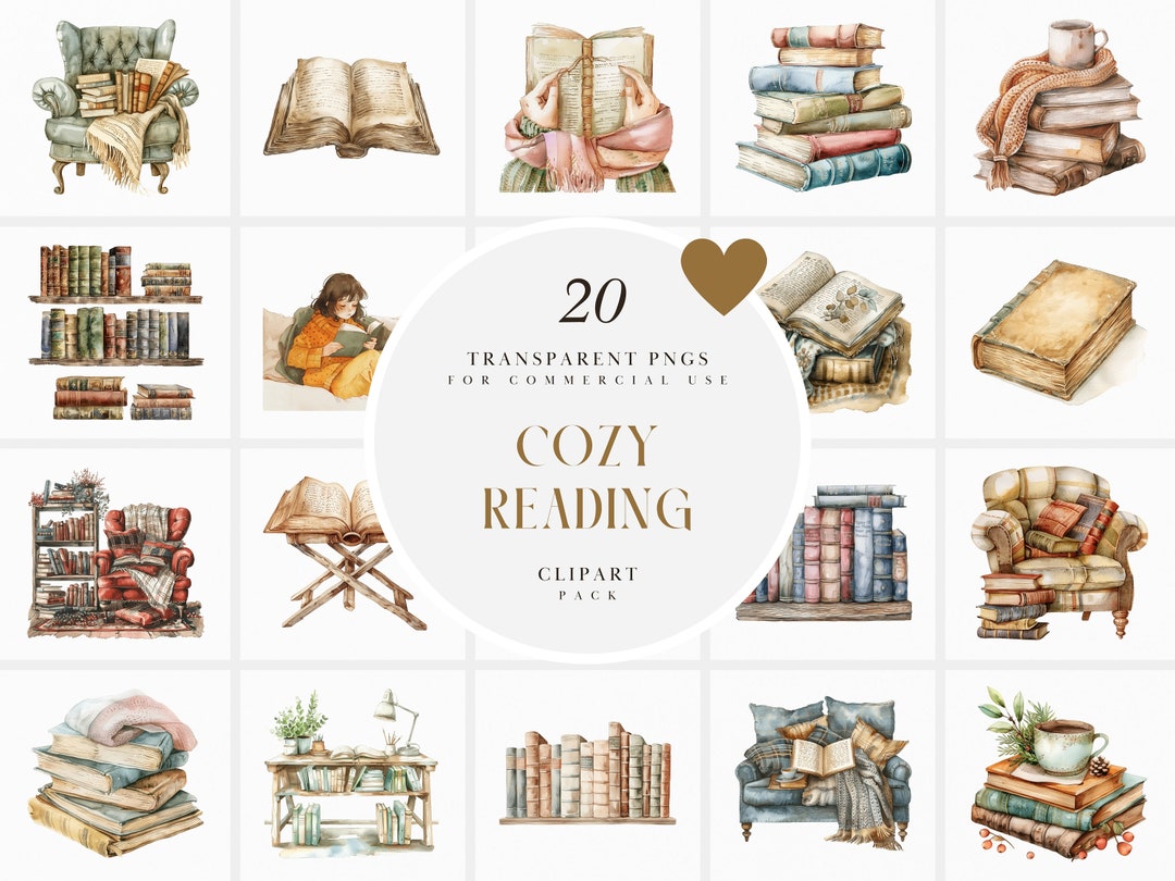 Watercolor Cozy Reading Clipart, Book Lover, Bookworm Elements ...