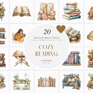 Watercolor Cozy Reading Clipart, Book Lover, Bookworm Elements, Studious, Academia, Slow Living ...