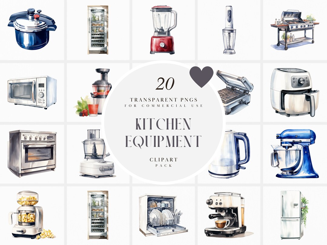 Watercolor Modern Kitchen Equipment Clipart, Utensils, Elements ...