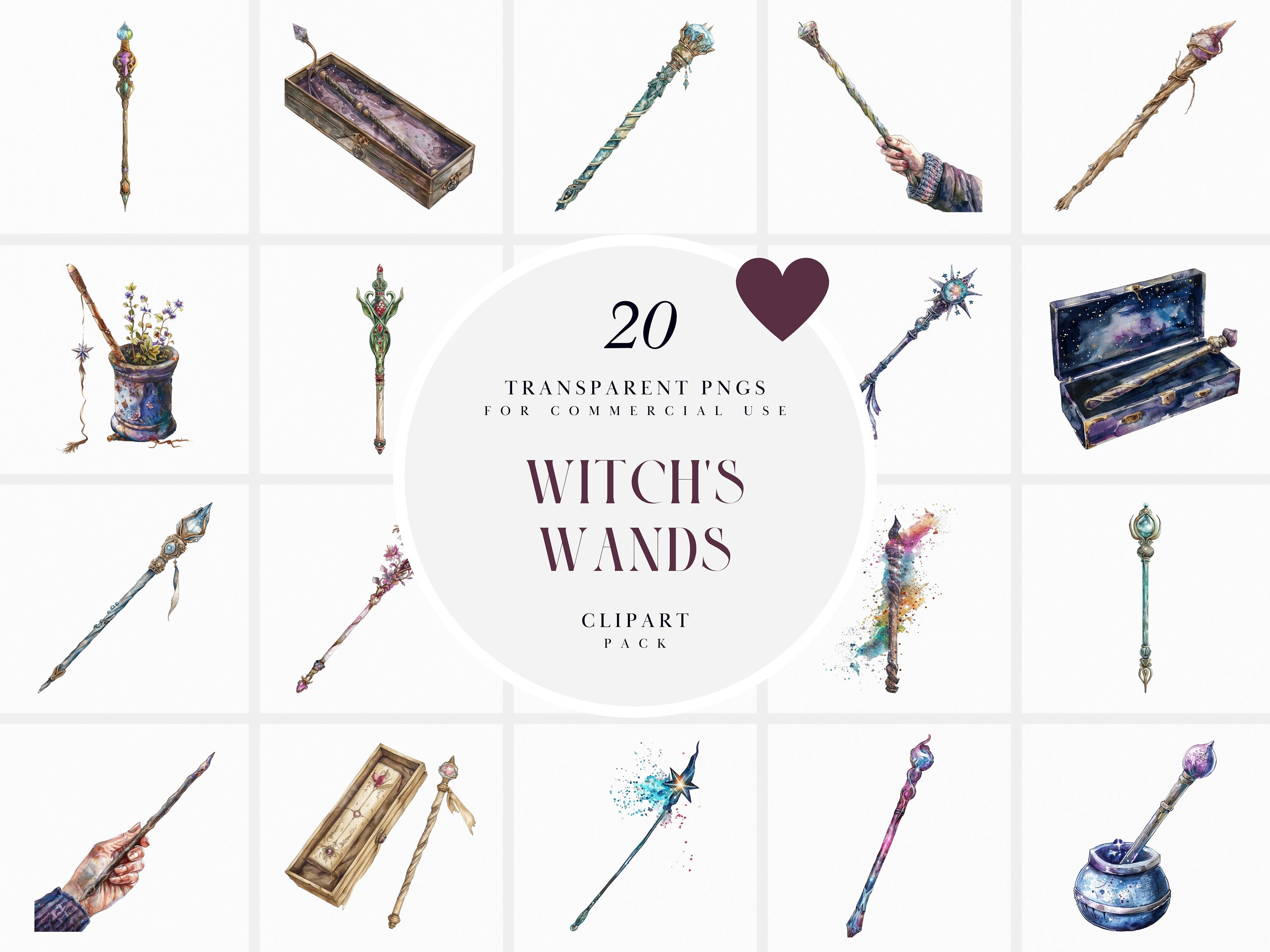 Watercolor Witchs Wand Clipart, Magic Staff Clipart, Magical Wand ...