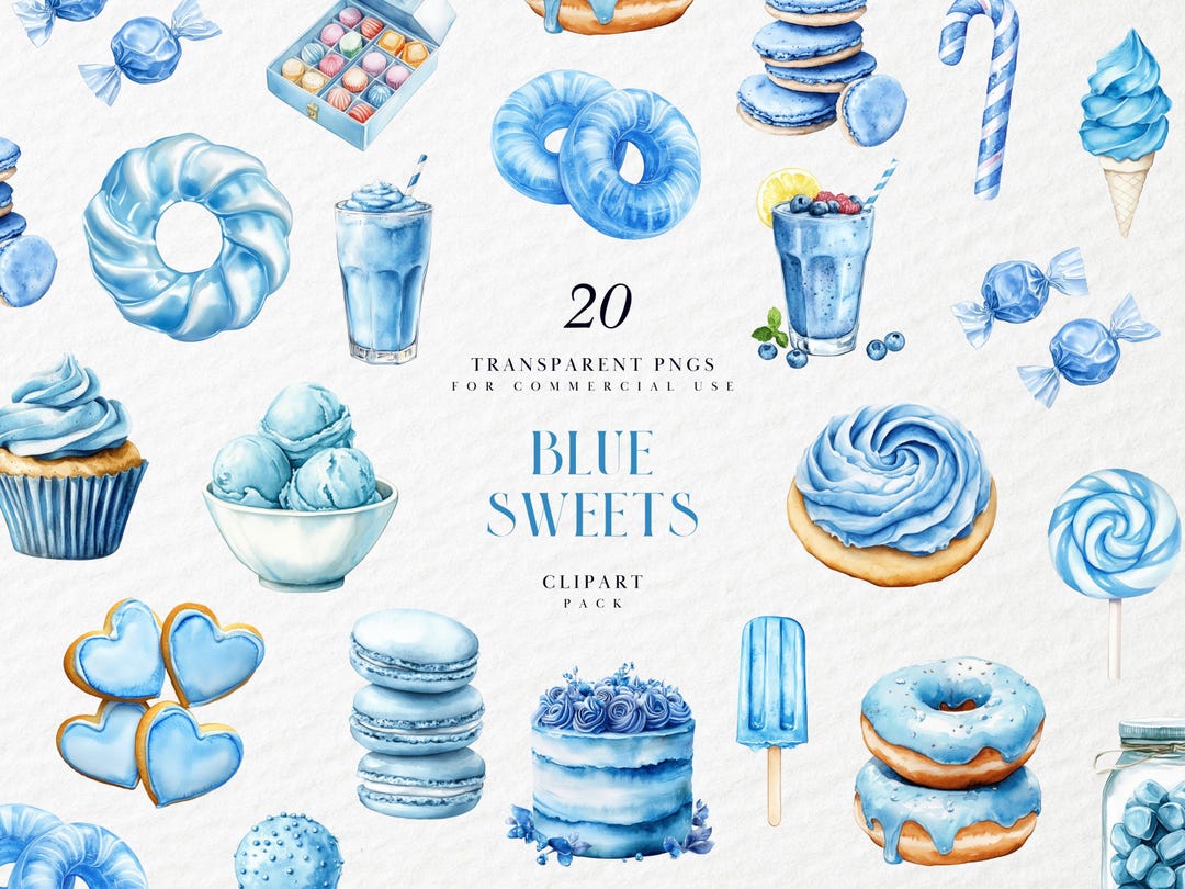 Watercolor Blue Sweets Clipart, Assorted Dessert Theme, Cookie, Ice ...