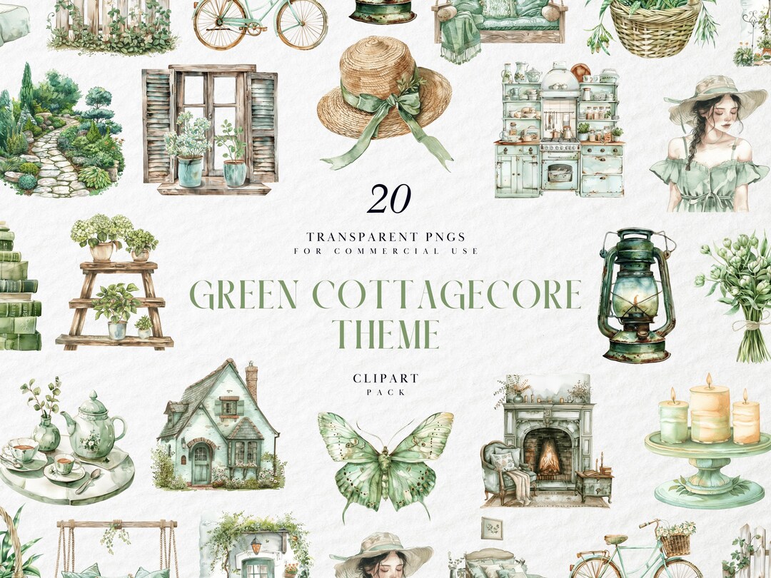 Watercolor Green Cottagecore Theme Clipart, Rustic Garden Living ...