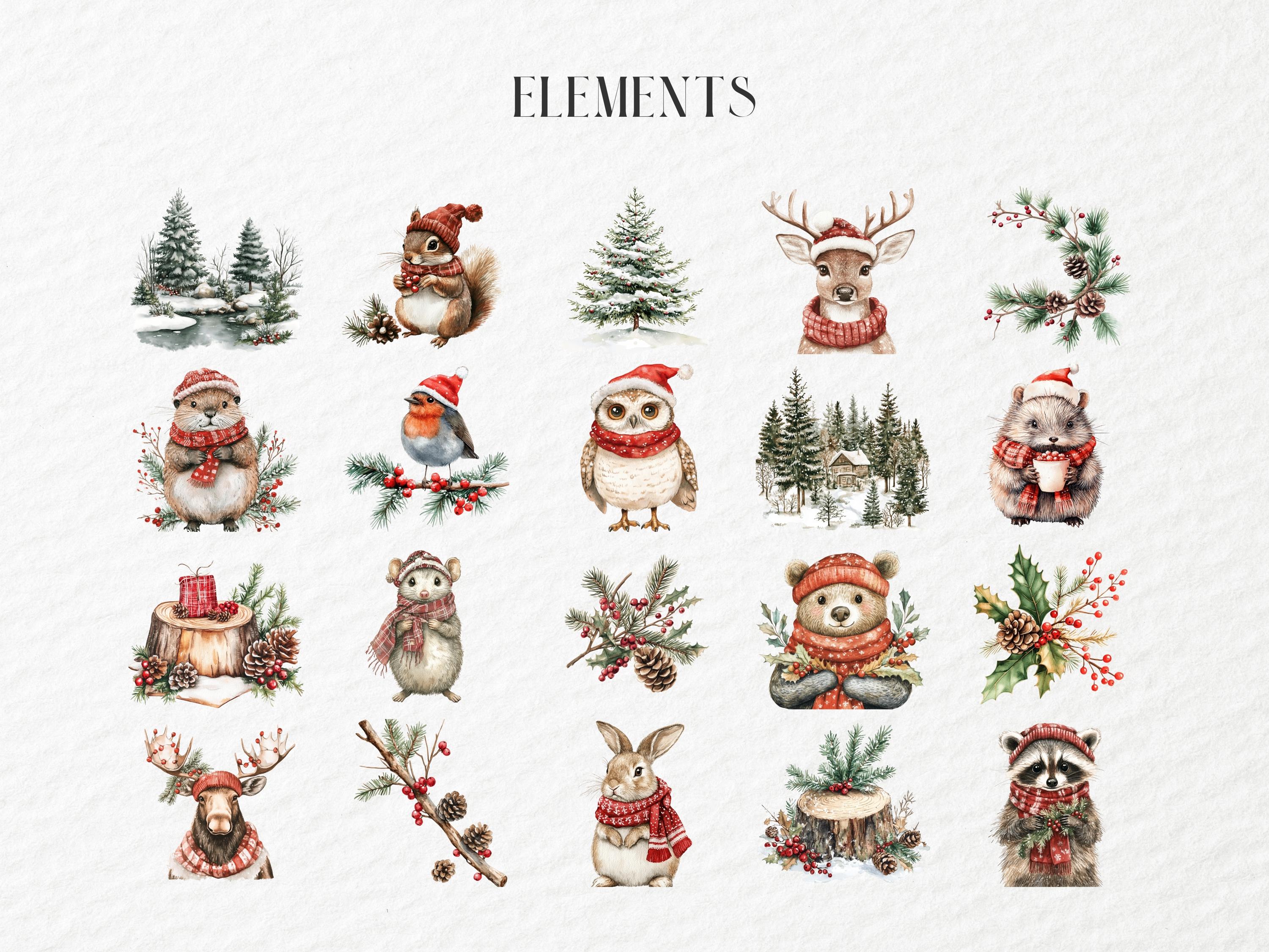 Watercolor Christmas Woodland Clipart, Winter Forest Animals, Cozy ...