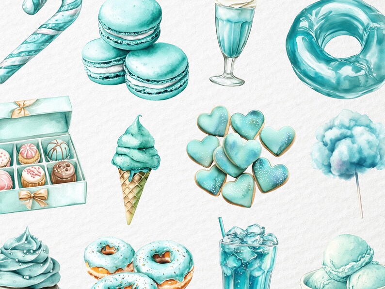 Watercolor Teal Sweets Clipart, Pastel Dessert Icons, Candy Treats for ...