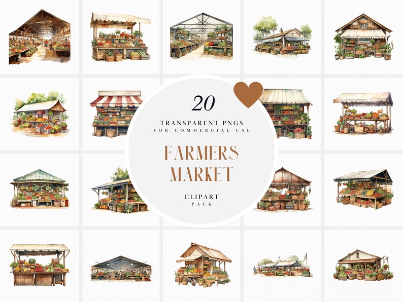 Watercolor Farmers Market Clipart, Fruit Market Clipart, Vegetable ...