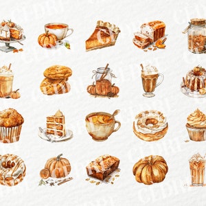 Watercolor Pumpkin Spice Sweets Clipart, Assorted Dessert, Pie, Loaf ...