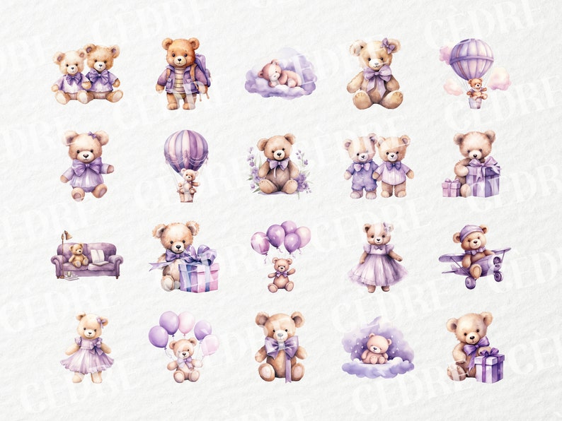 Watercolor Purple Teddy Bears Clipart, Purple Nursery Teddy Bear ...
