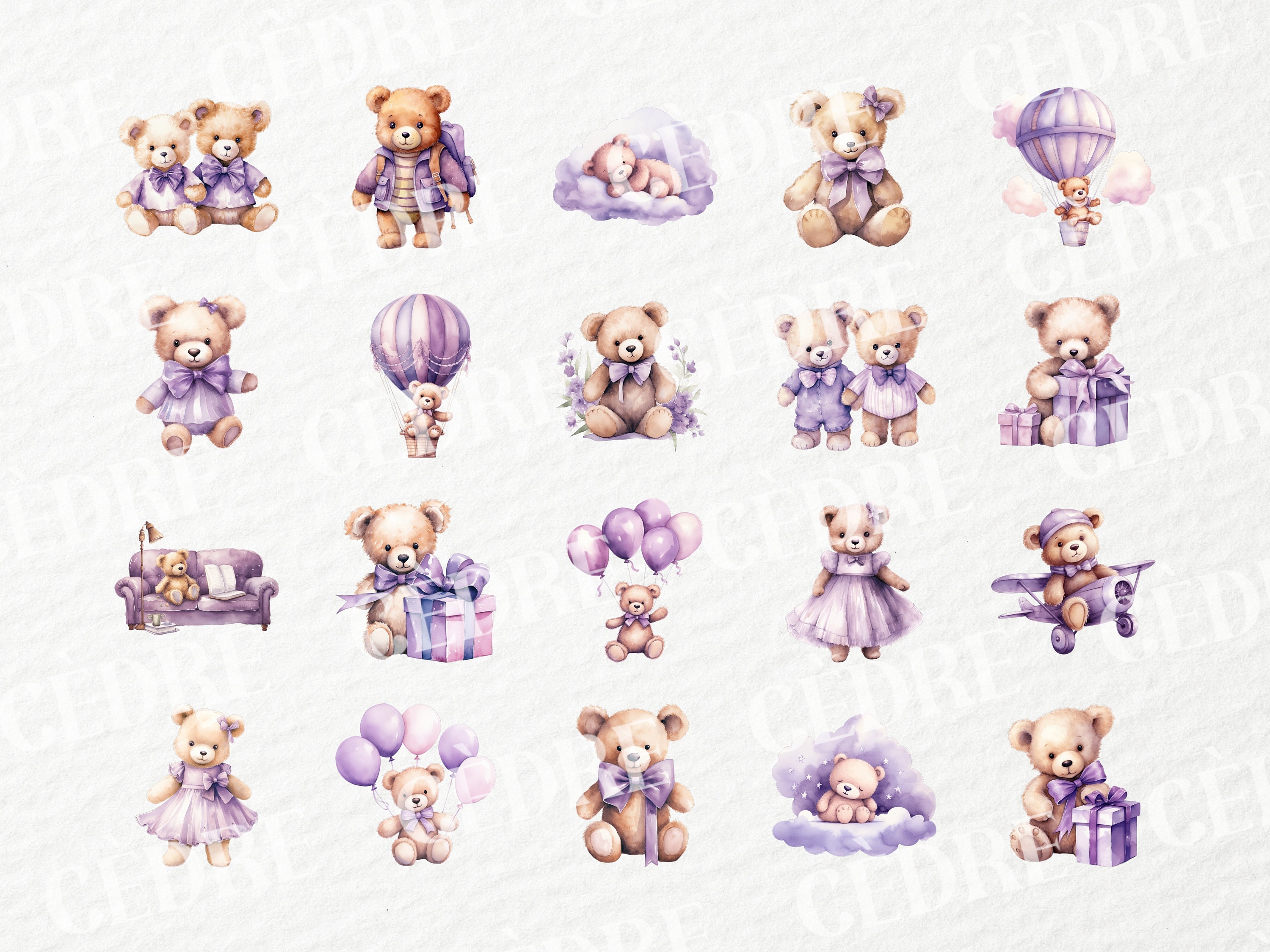 Watercolor Purple Teddy Bears Clipart, Purple Nursery Teddy Bear ...