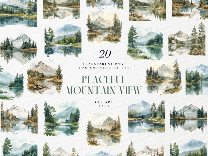 Watercolor Peaceful Mountain View Clipart, Nature Scenery Art, Lake ...