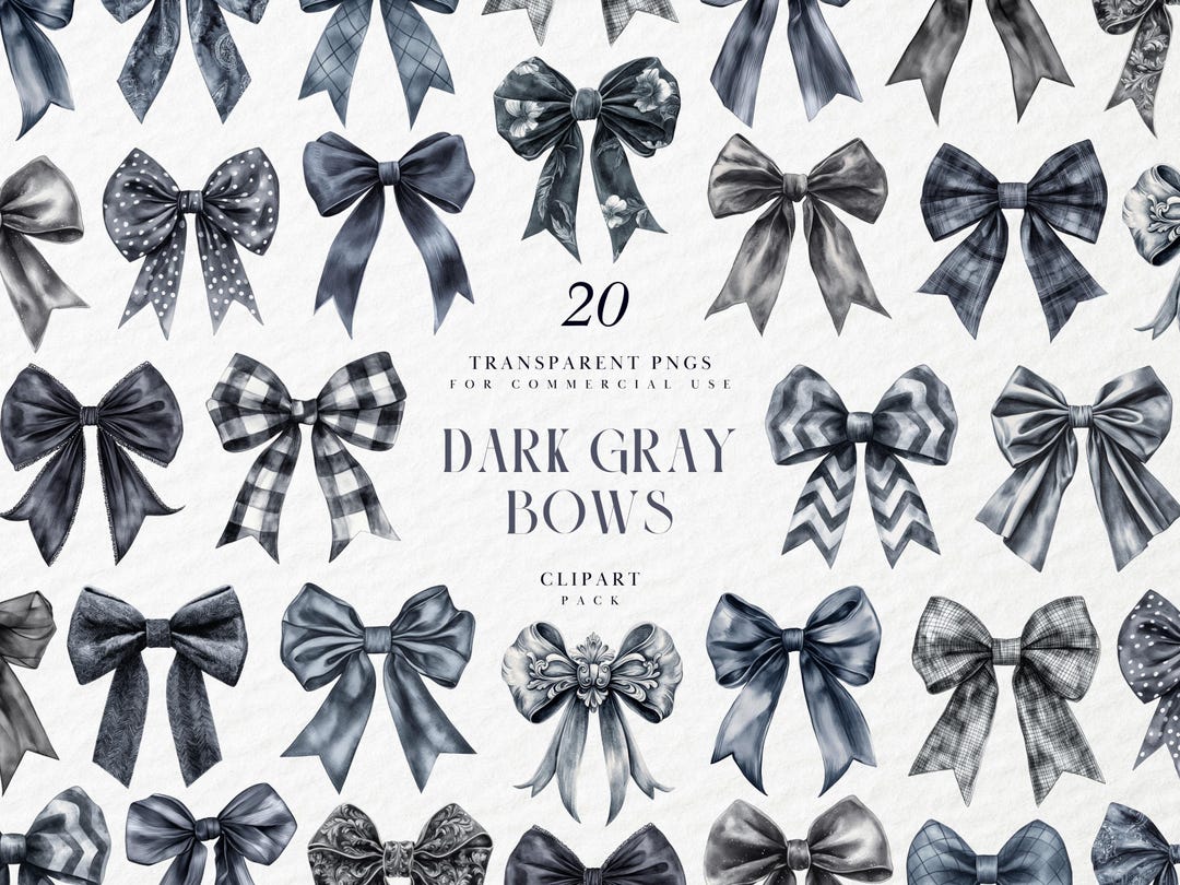 Watercolor Dark Gray Bows Clipart, Satin Ribbon Set, Gift Wrapping ...