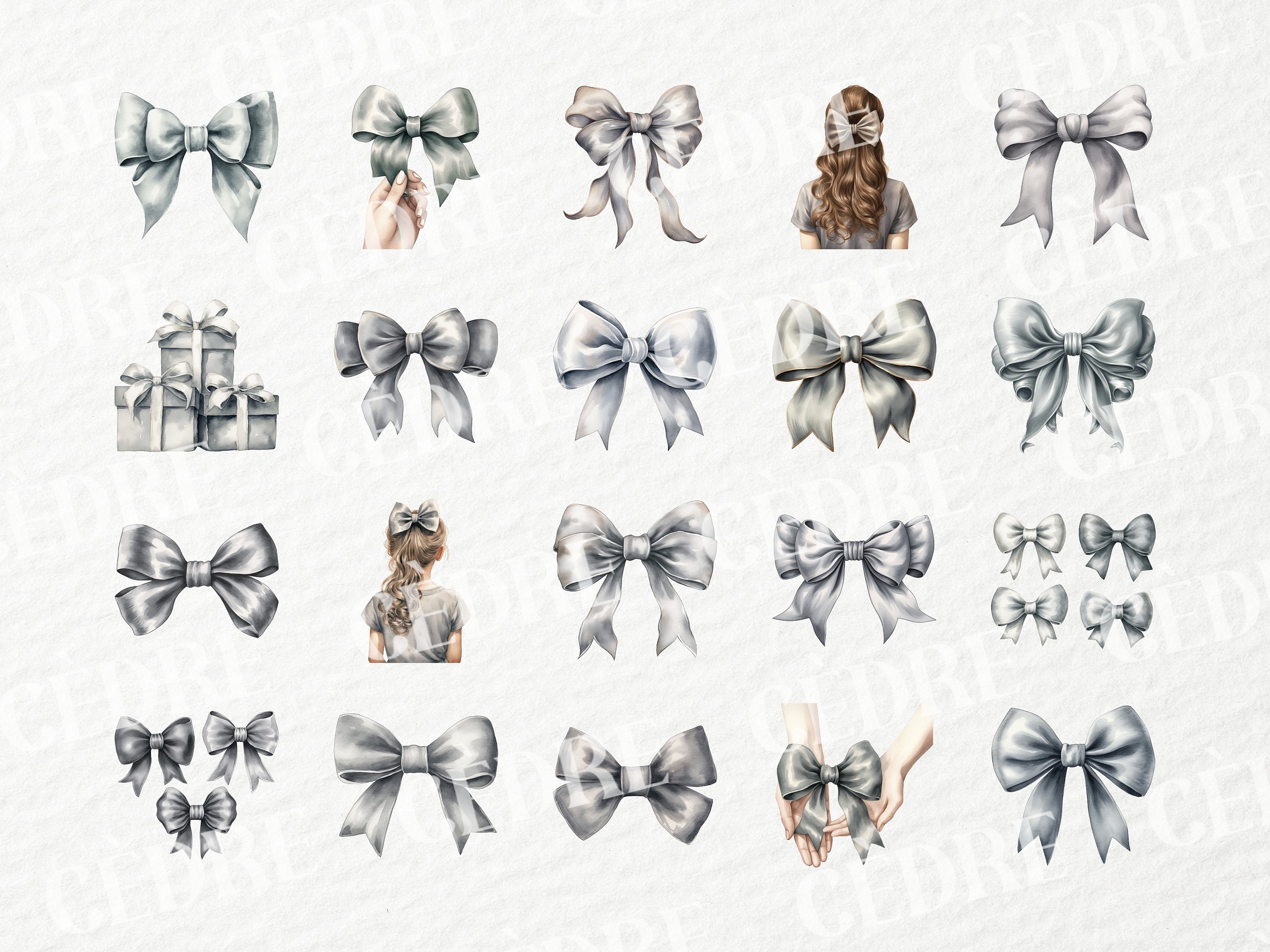Watercolor Gray Bow Clipart, Gray Bows Clipart, Grey Ribbon Clipart ...