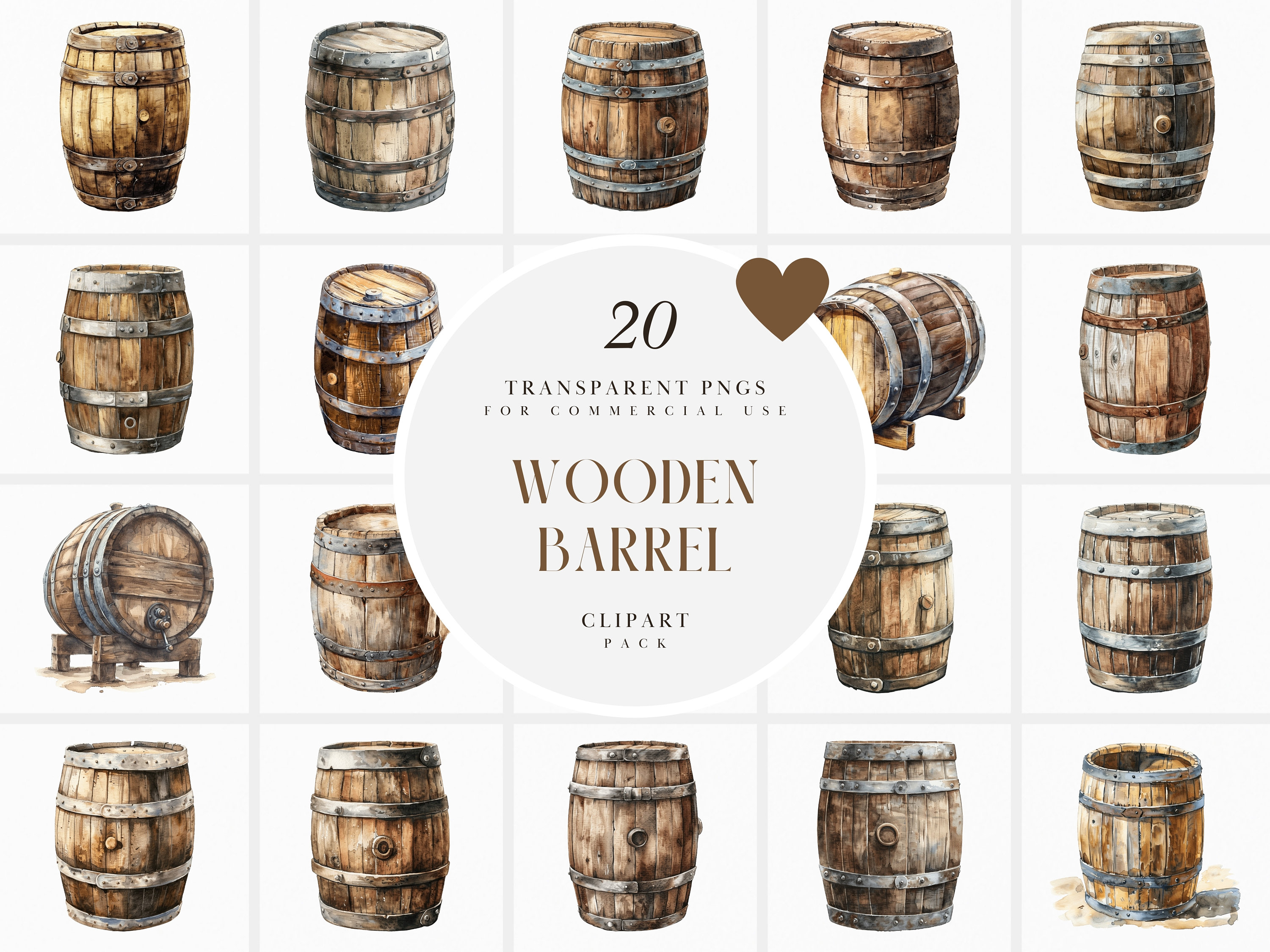 Watercolor Wooden Barrel Clipart, Old Wood Barrels Clipart, Oak ...