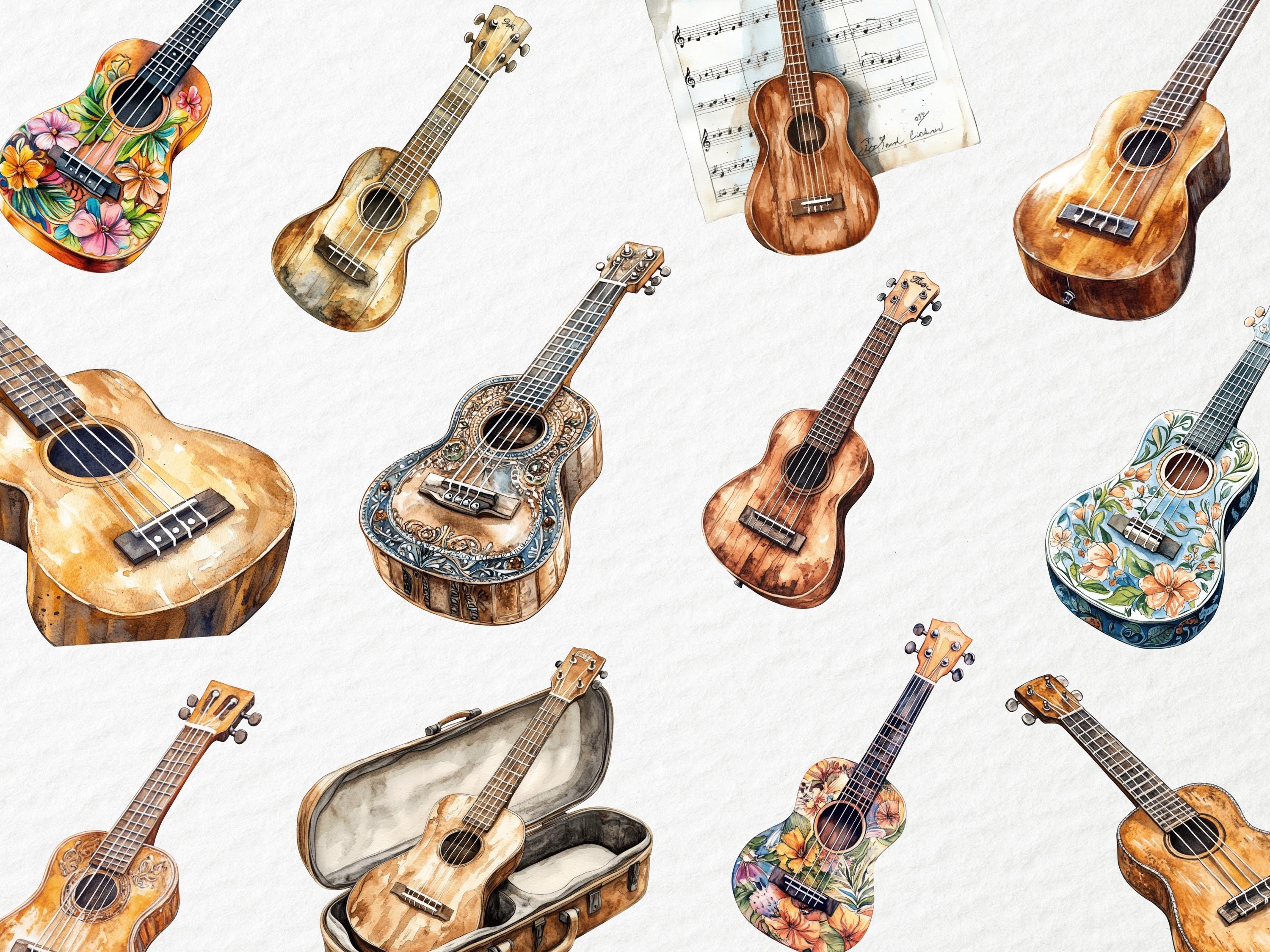 Watercolor Ukulele Clipart, Tropical String Instrument, Summer Beach ...