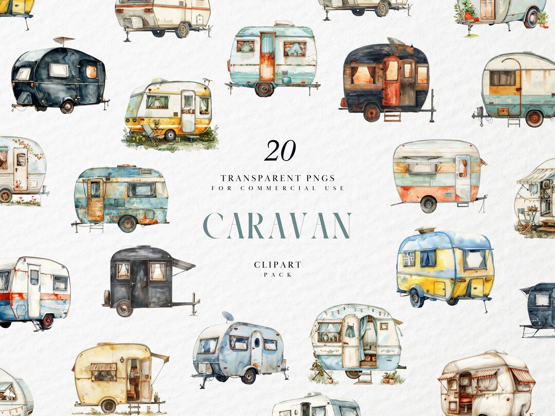 Watercolor Retro Caravan Clipart, Cozy Camper Bus, Adventure, Travel ...