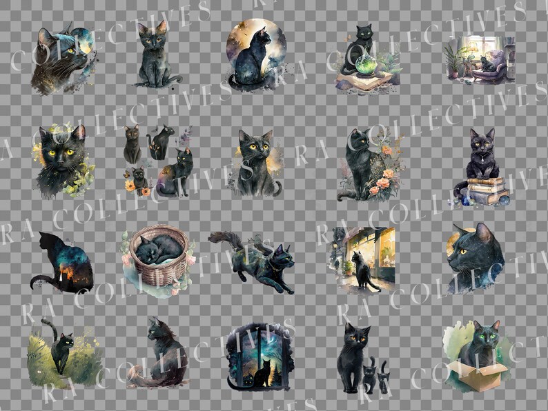 Watercolor Black Cats Clipart Cute Kitten Clip Art Celestial - Etsy