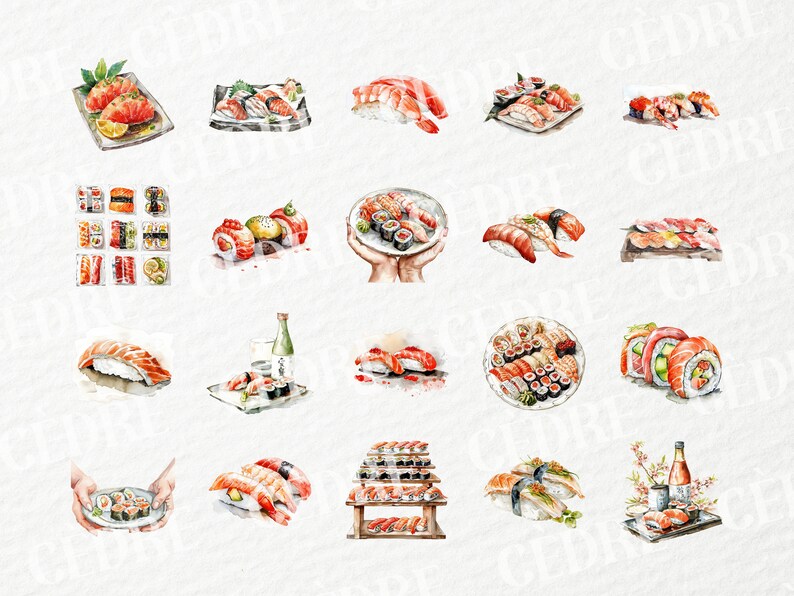 Watercolor Sashimi Clipart, Sashimi Platter, Raw Sea Food Sushi, Korean ...