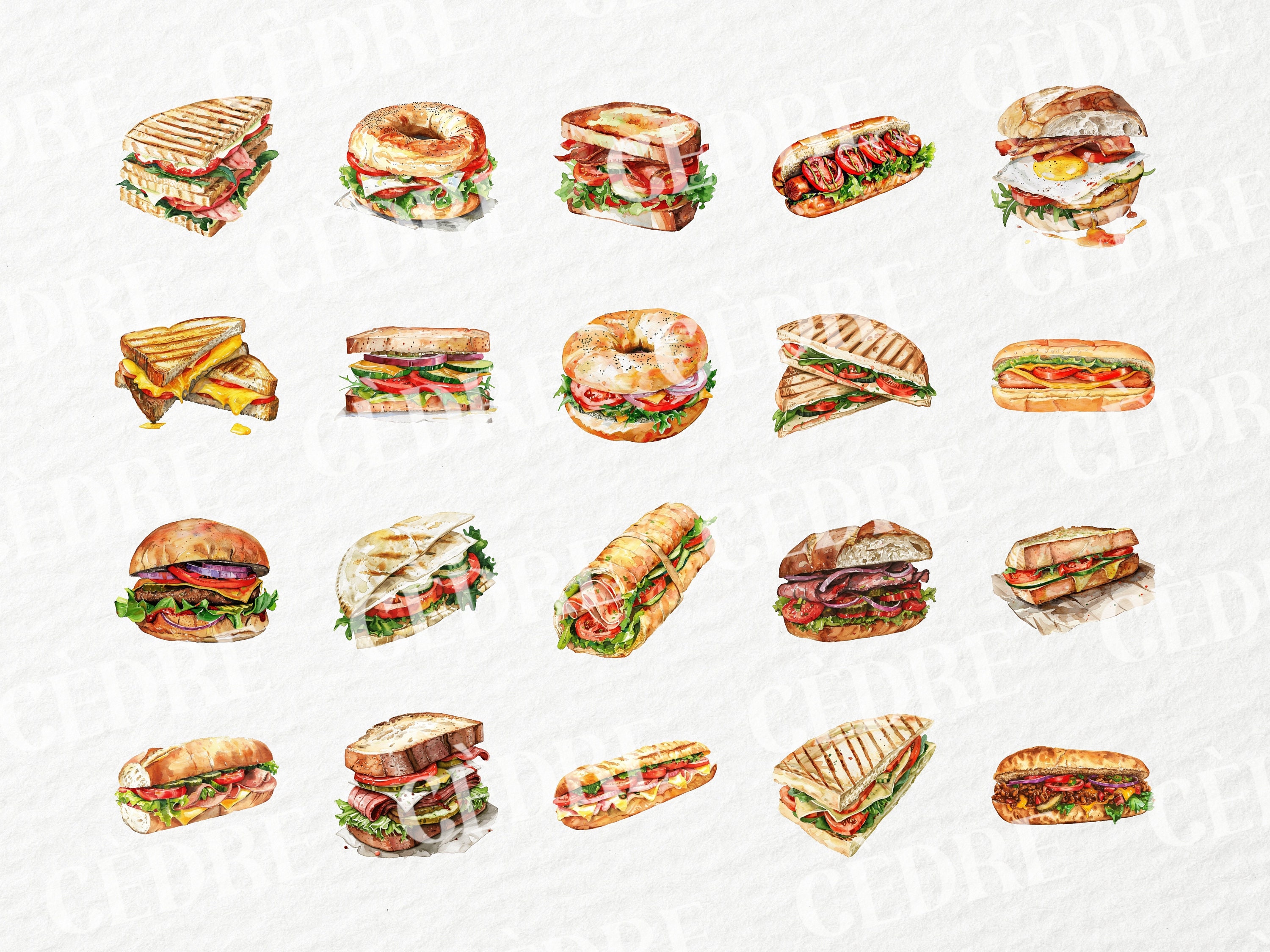Watercolor Sandwich Items Clipart, Assorted Sandwiches, Yummy Fresh ...
