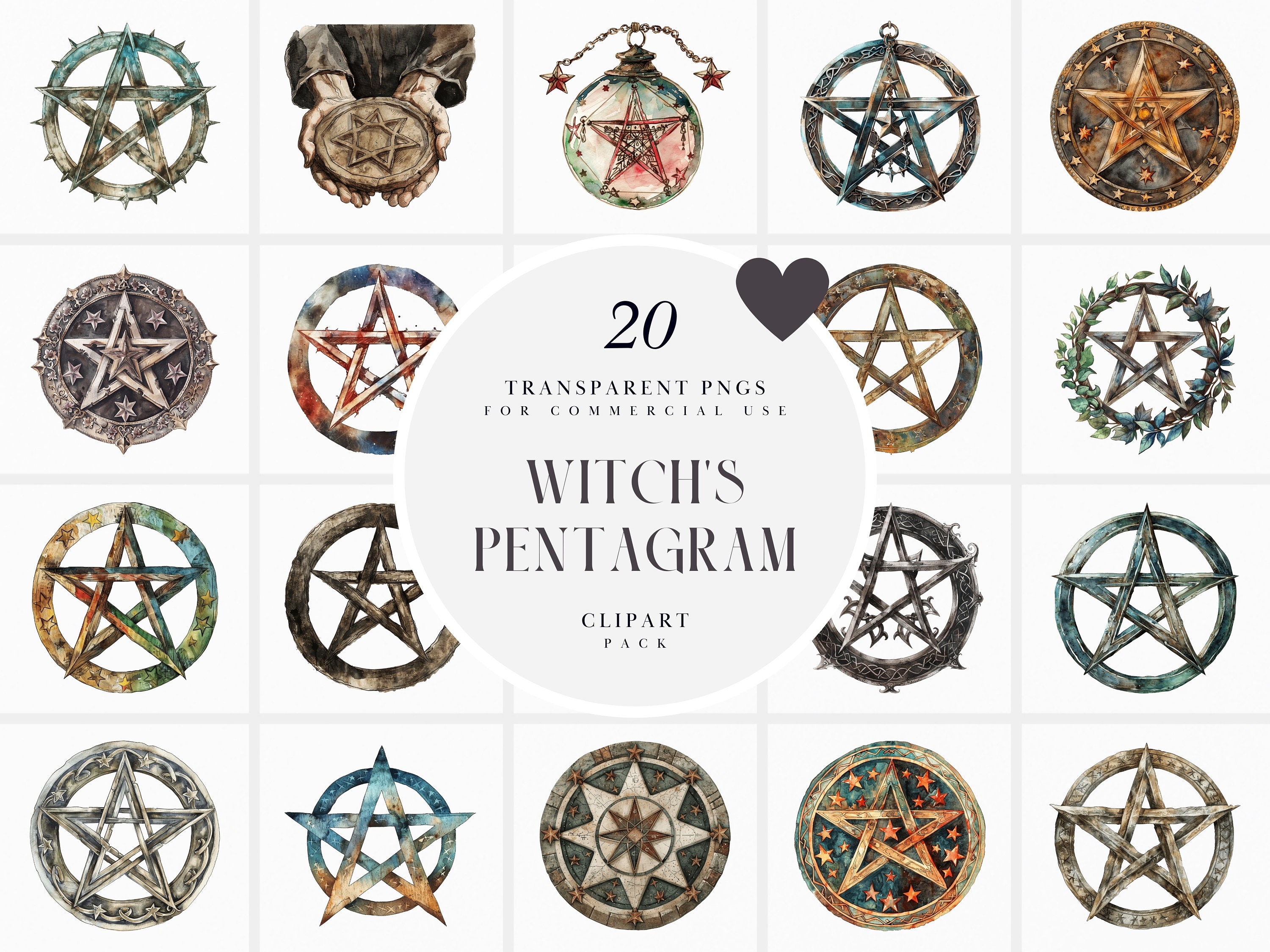 Watercolor Witchs Pentagram Clipart, Magical Pentagrams Clipart, Wiccan, Fantasy Elements ...