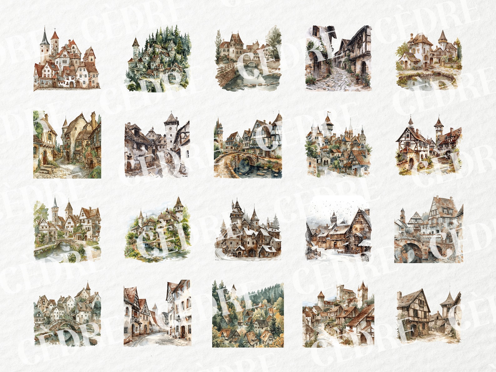 Watercolor Medieval Village Clipart, European Village Clipart, Middle ...
