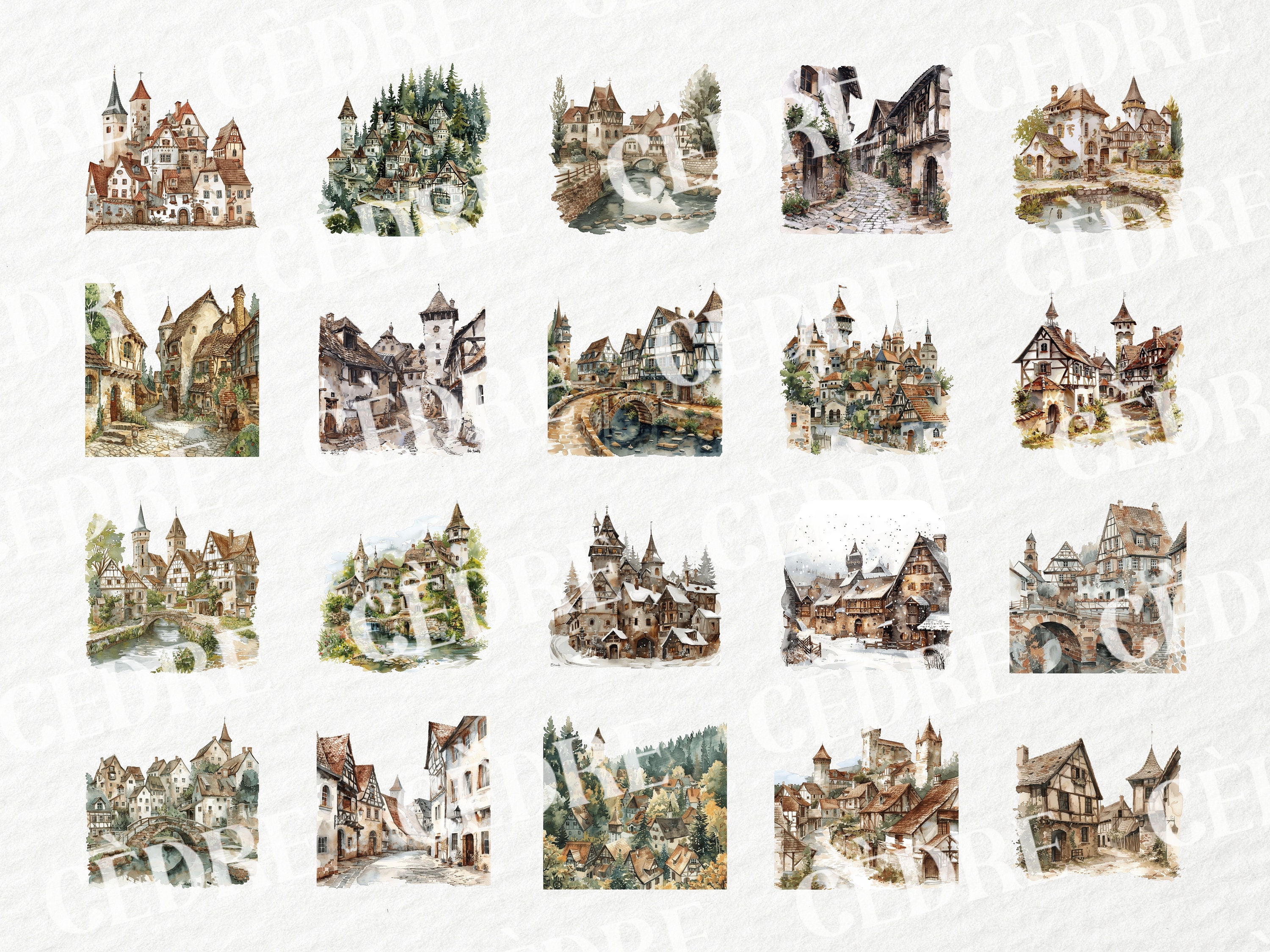 Watercolor Medieval Village Clipart, European Village Clipart, Middle ...