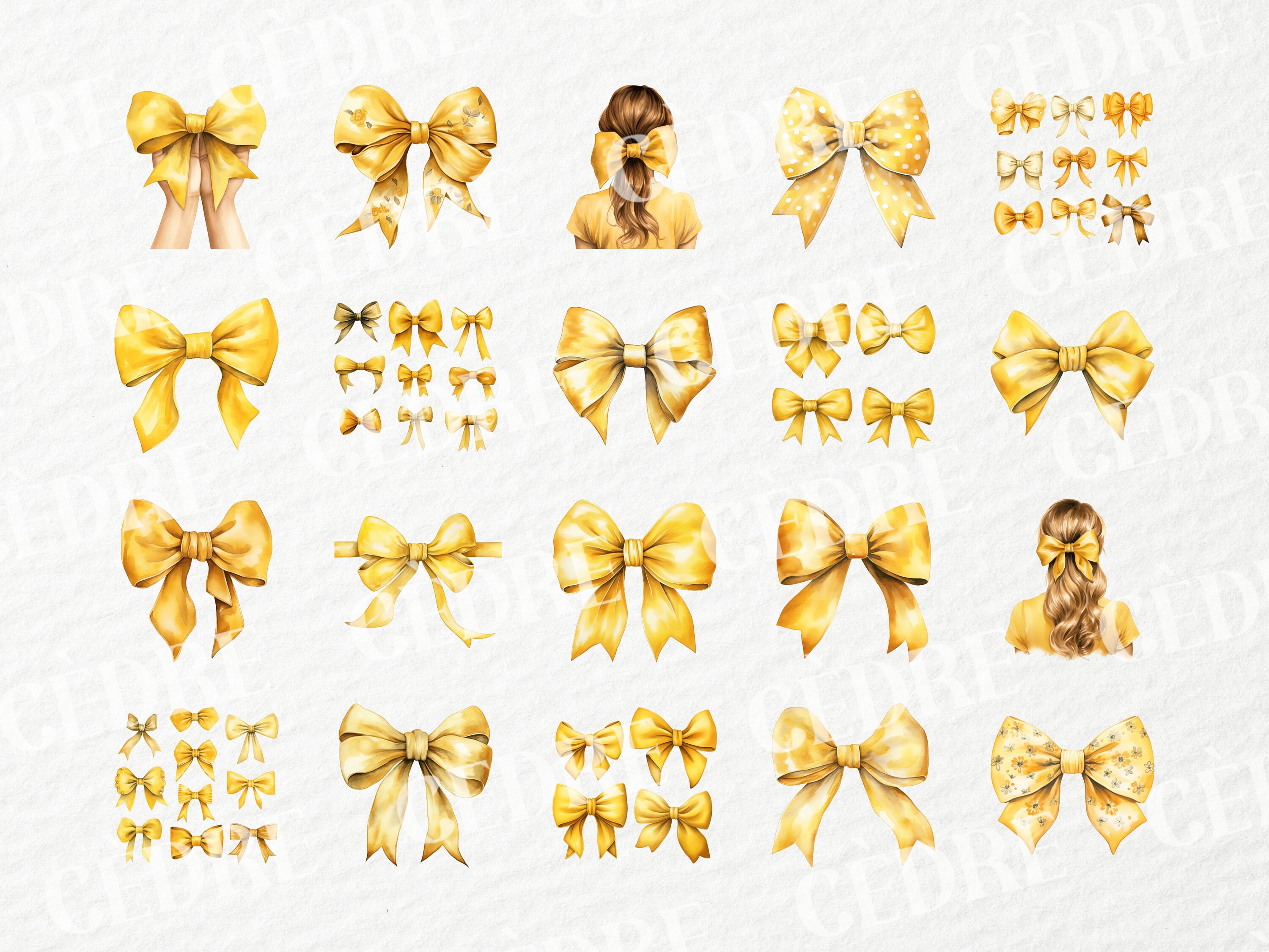 Watercolor Yellow Bow Clipart, Hair Bows Clipart, Yellow Ribbon Clipart ...