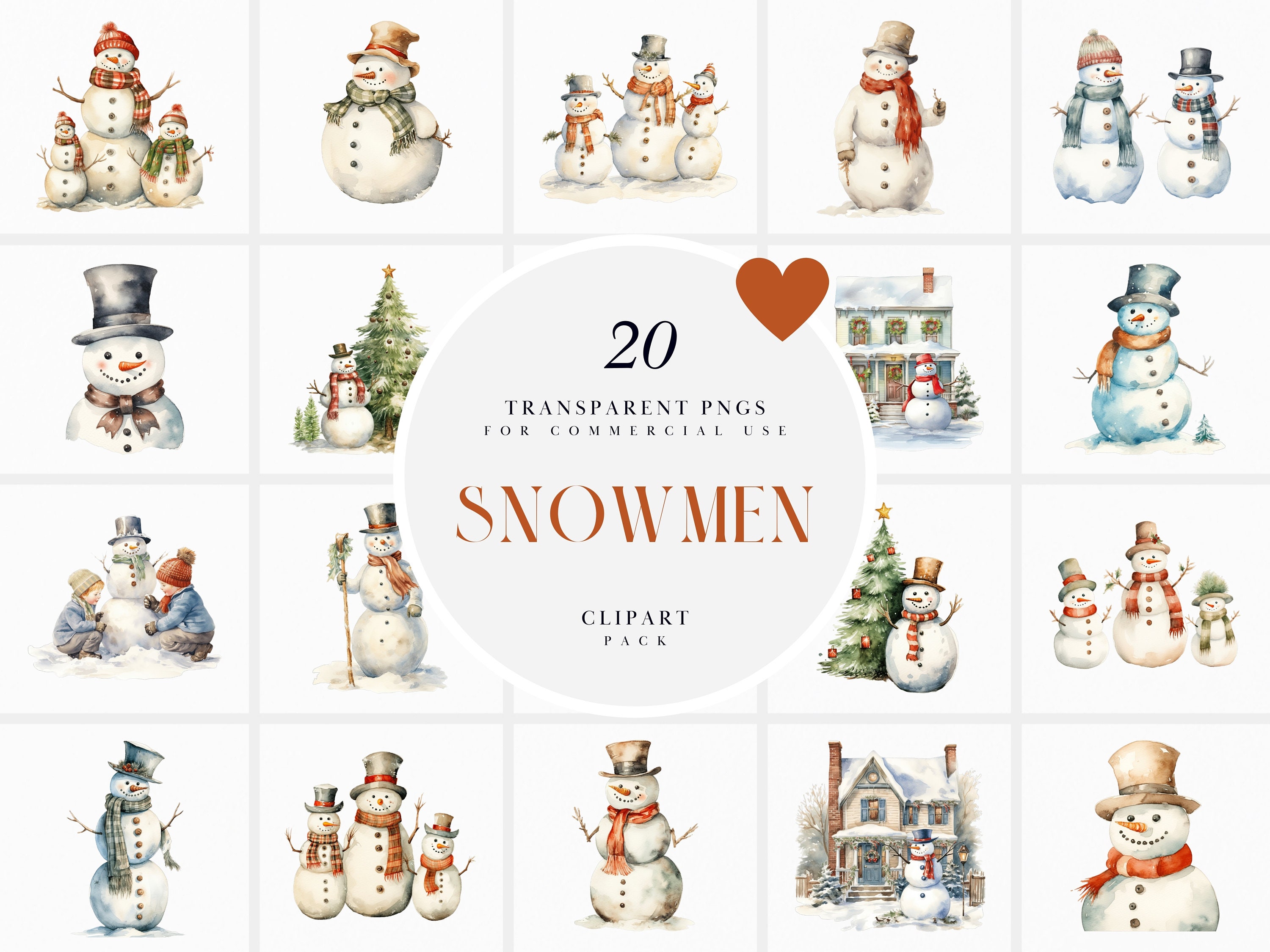 Watercolor Snow Man Clipart, Snow Men Clipart, Winter Snowman Clipart ...