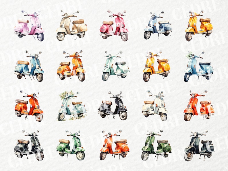 Watercolor Vespas Clipart, Italian Vespa Clipart, Electric Scooter ...