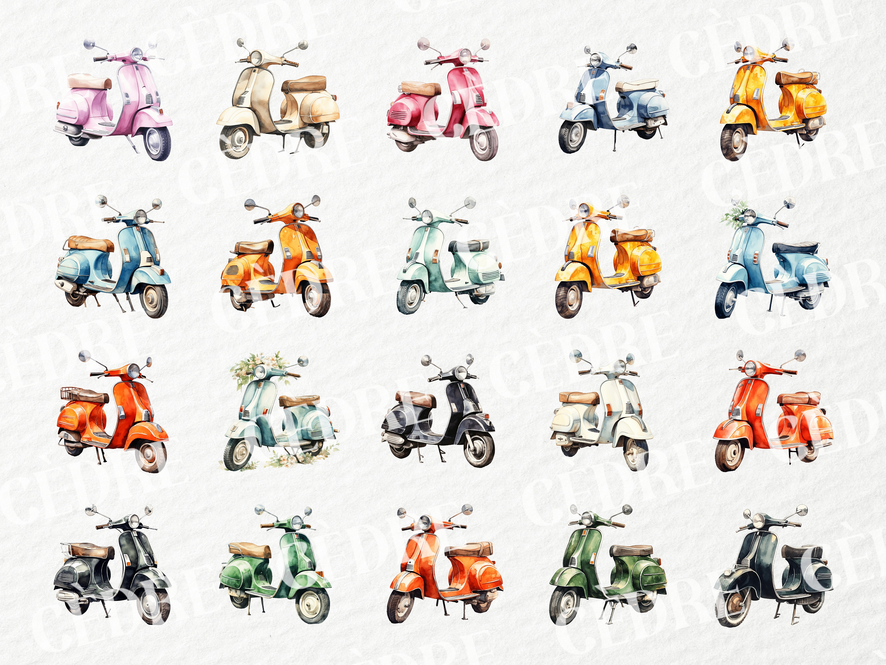 Watercolor Vespas Clipart, Italian Vespa Clipart, Electric Scooter ...