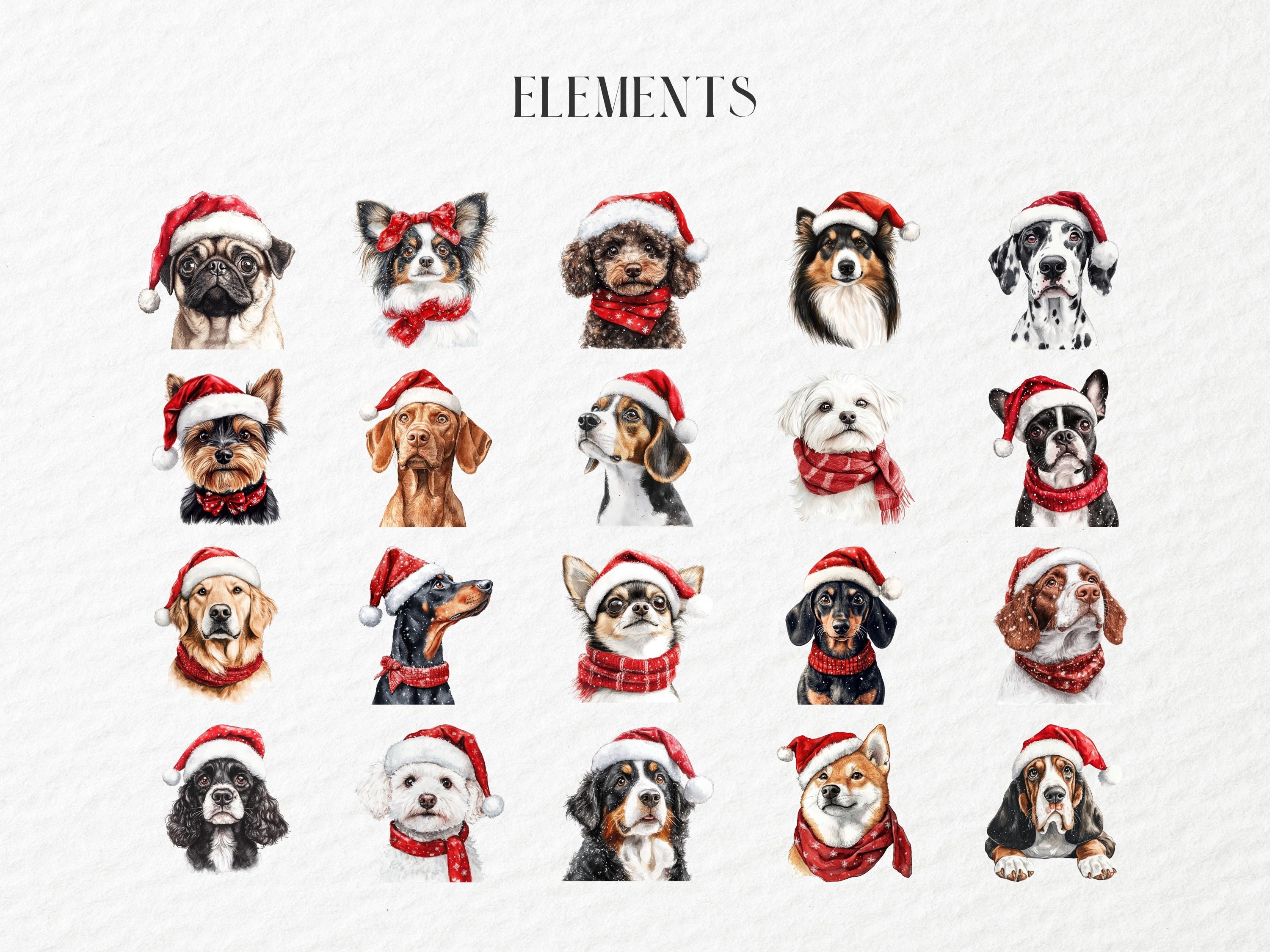 Watercolor Christmas Dogs Clipart, Santa Hat Puppies, Mixed Dog Breeds ...