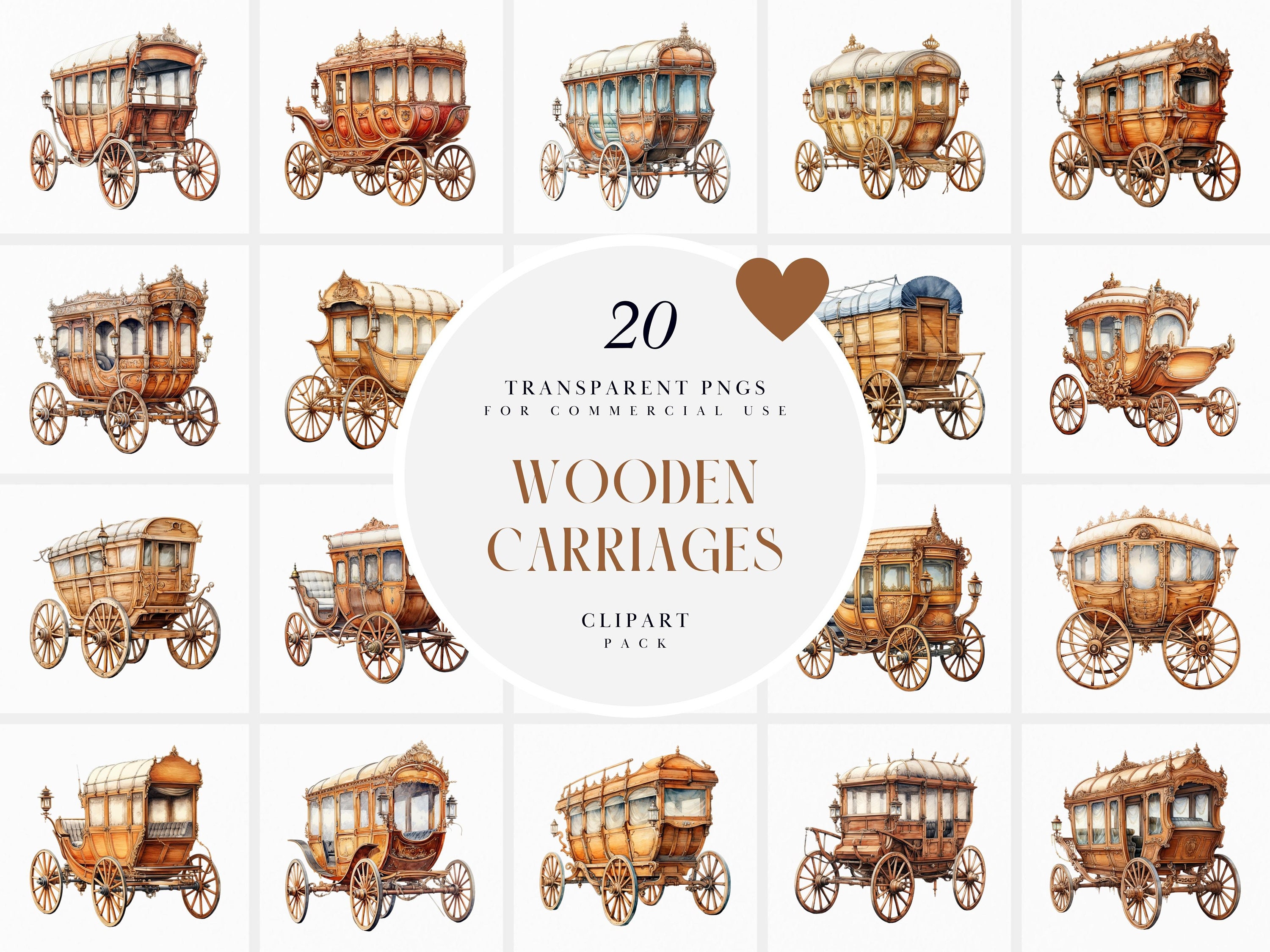 Watercolor Wooden Carriage Clipart, Wood Carriages Clipart, Old Rustic ...
