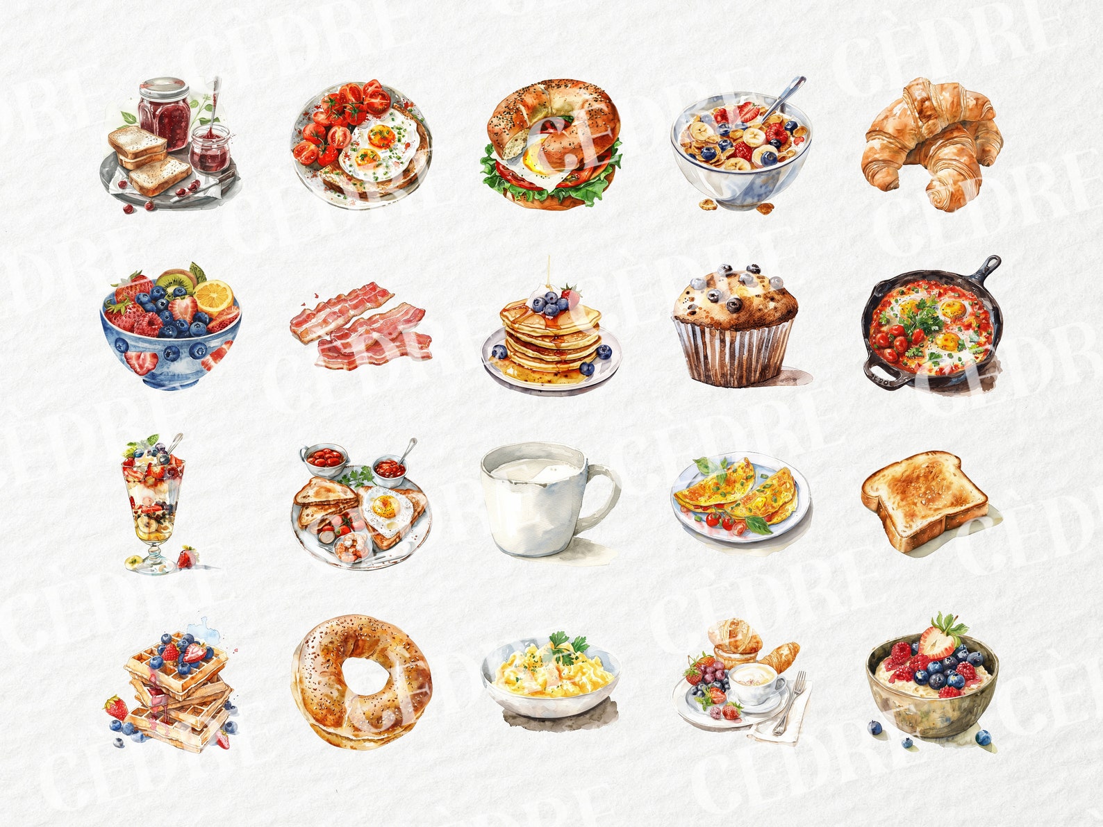Watercolor Brunch Items Clipart, Brunch Cuisine Clipart, Yummy Fresh ...