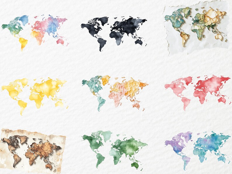 Watercolor World Map Clipart, Pastel Silhouette, Discover World ...
