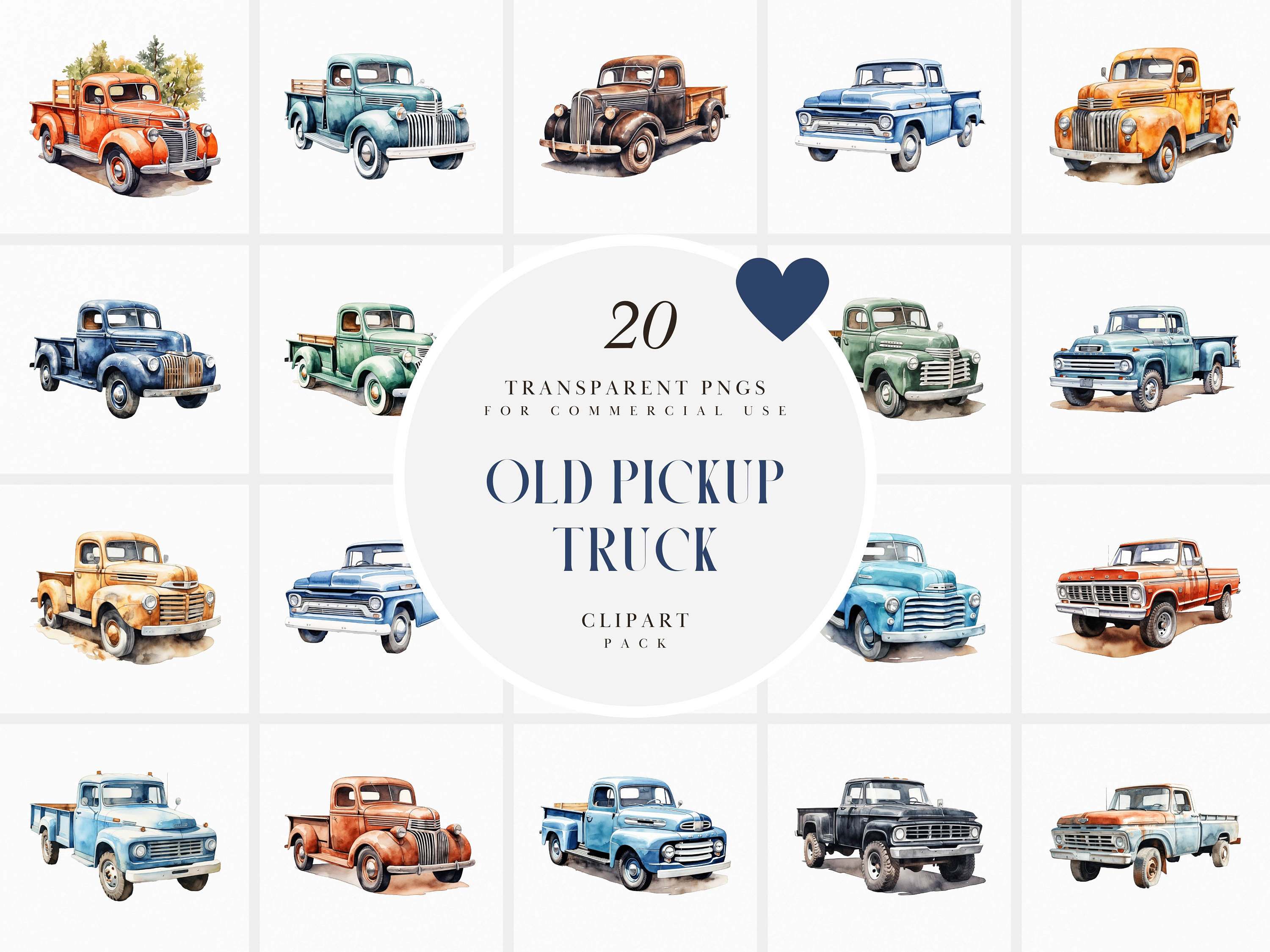 Watercolor Old Pick up Truck Clipart, Colorful Classic Truck Clipart ...