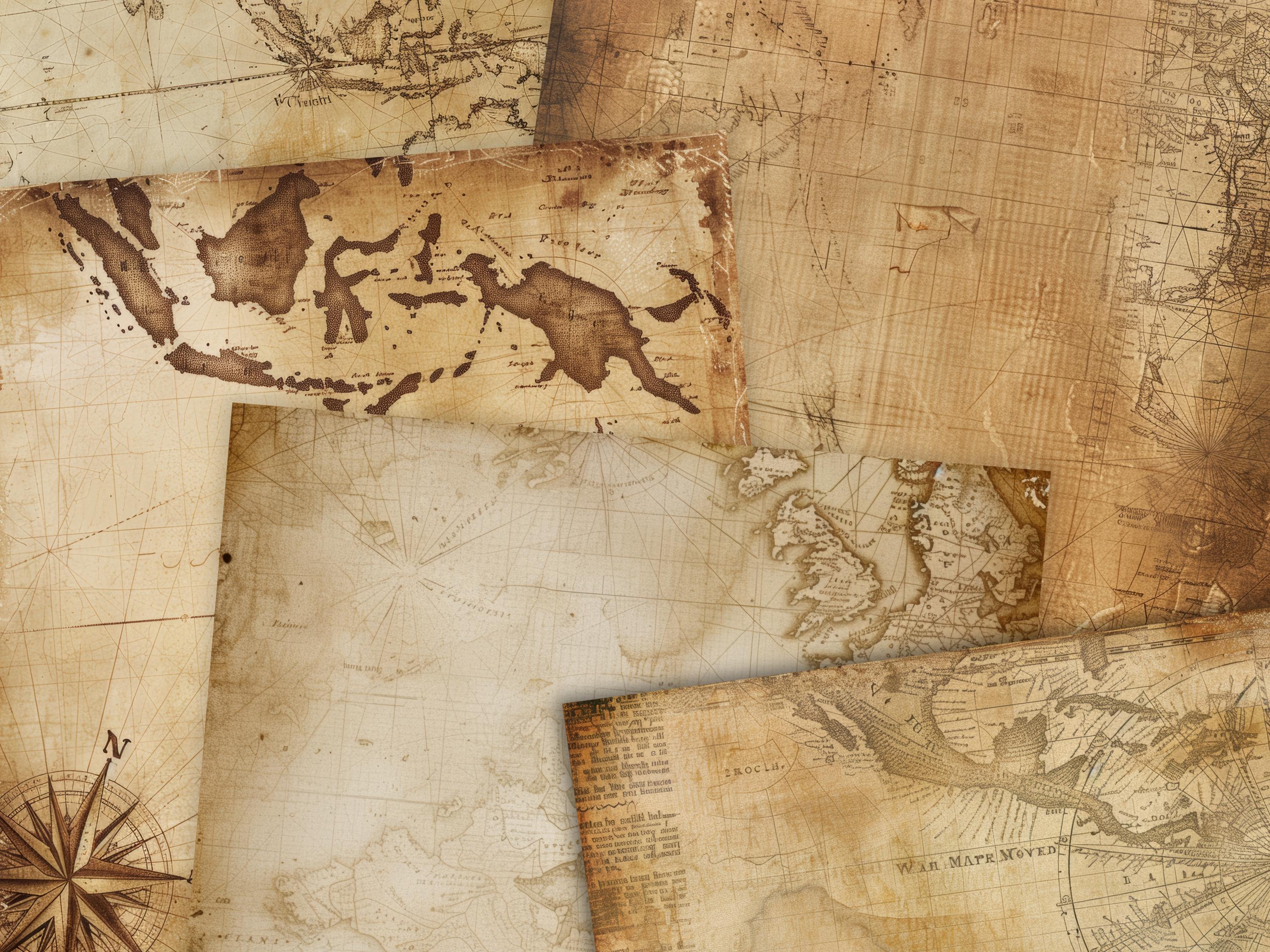 Aged Map Digital Papers, Stained Old Map Digital Patterns, Vintage Map ...