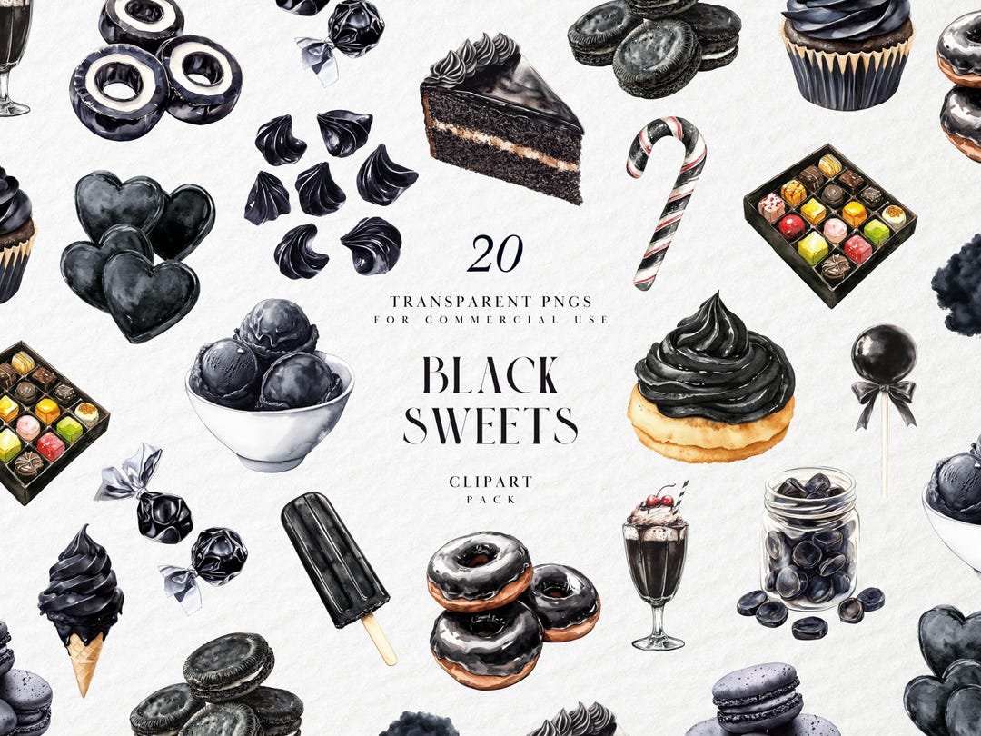 Watercolor Black Sweets Clipart, Assorted Dessert Theme, Cookie, Ice ...