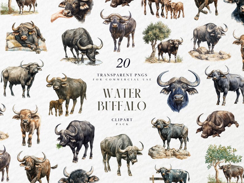 Watercolor Water Buffalo Clipart, Asian River Swamp Buffalo, Bison ...