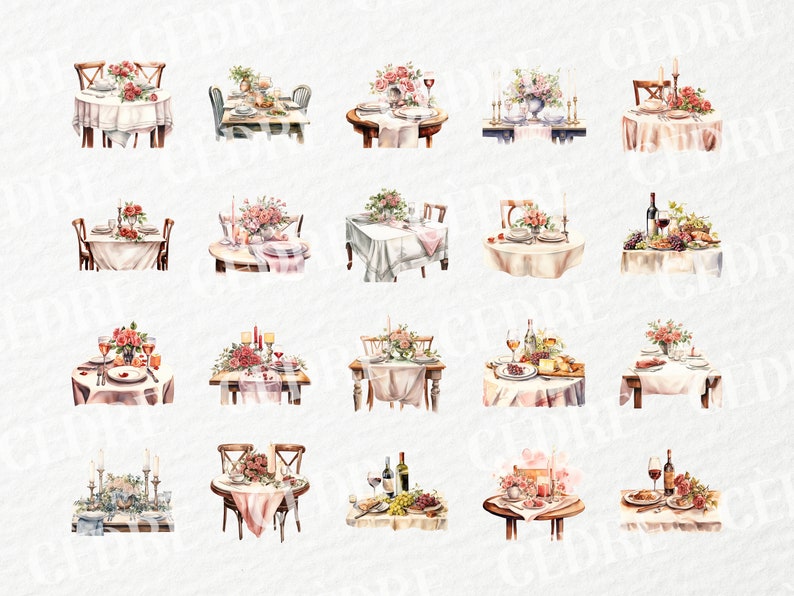 Watercolor Dinner Date Clipart, Romantic Dinner Table Clipart, Romantic ...