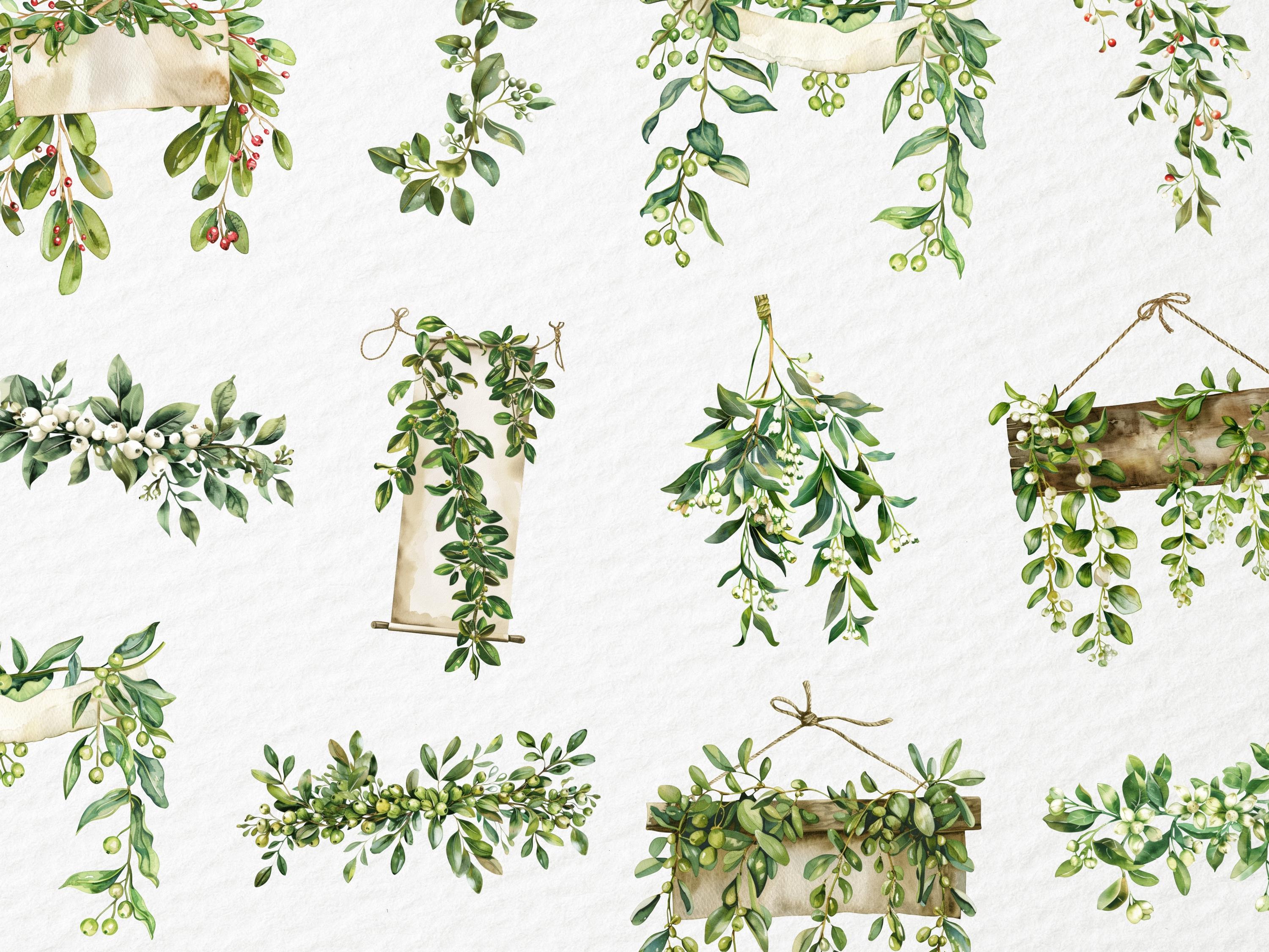 Watercolor Mistletoe Banner Clipart, Hanging Banner, Scroll, Bunting ...